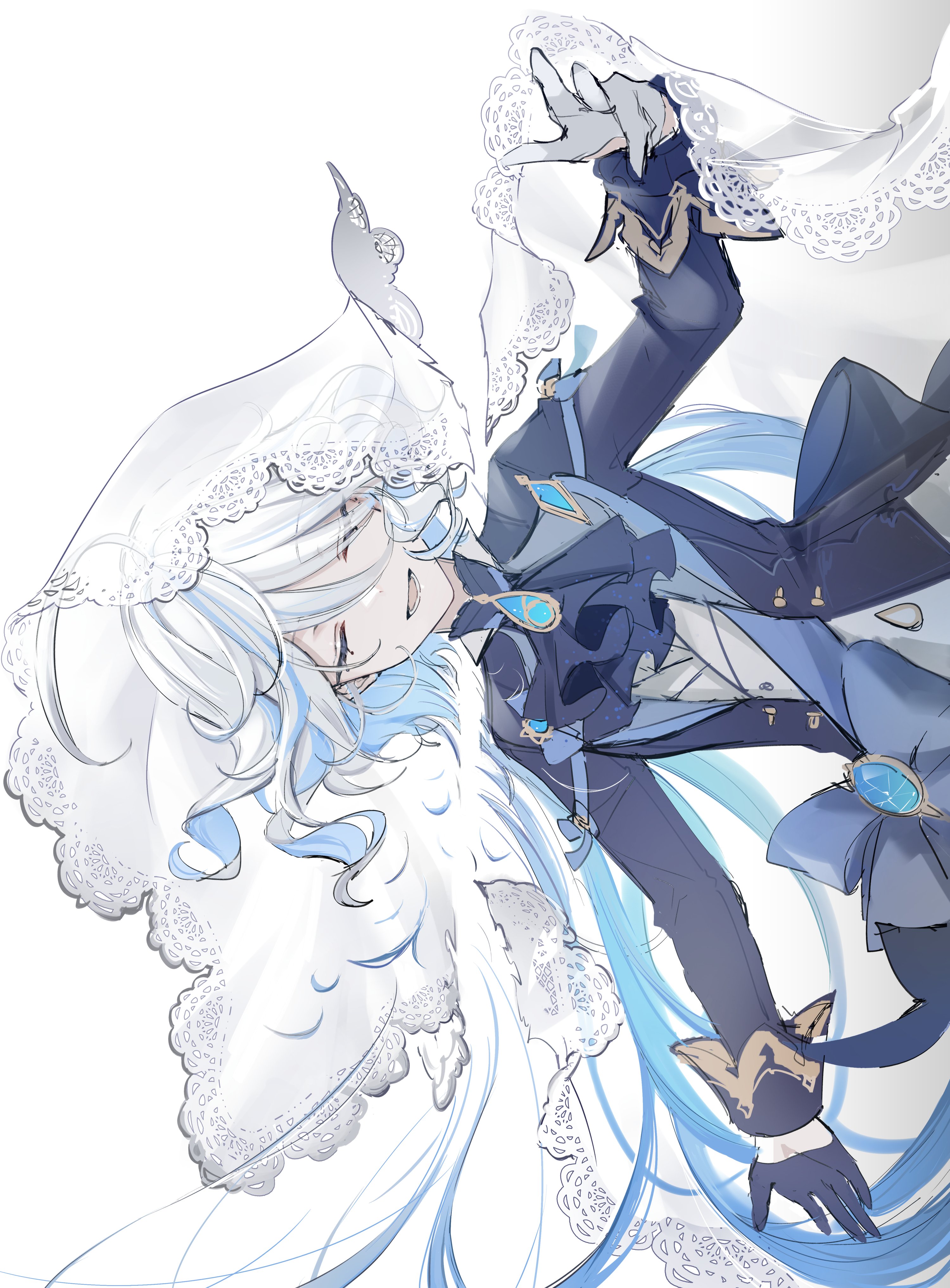 Safebooru - 1girl absurdres ahoge ascot asymmetrical gloves black gloves blue ascot blue brooch ...