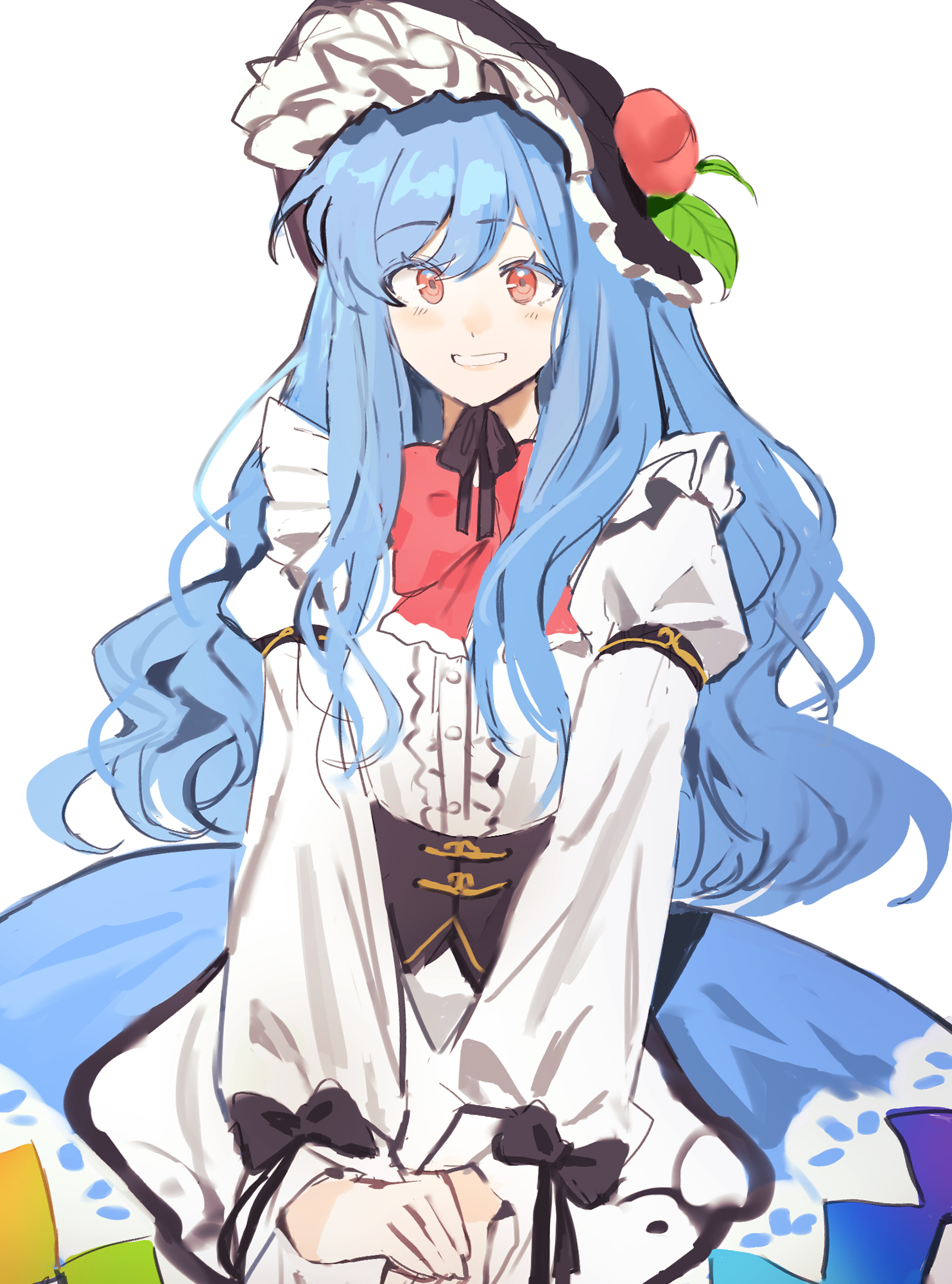 Safebooru - 1girl adapted costume apron black bow black headwear blue hair blue skirt bow bowtie ...