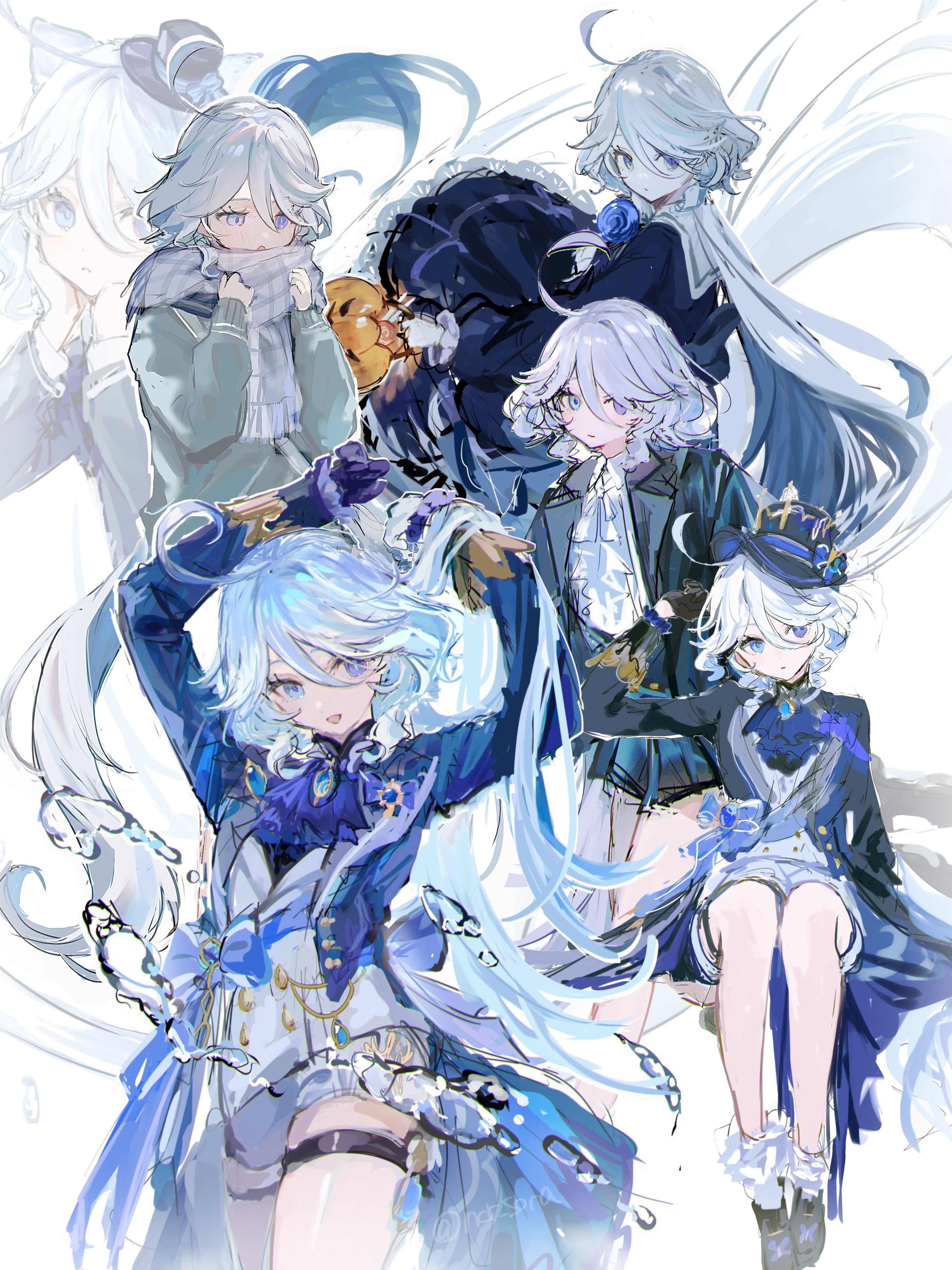 Safebooru - 1girl absurdres ahoge alternate costume arms up ascot black gloves blue ascot blue ...