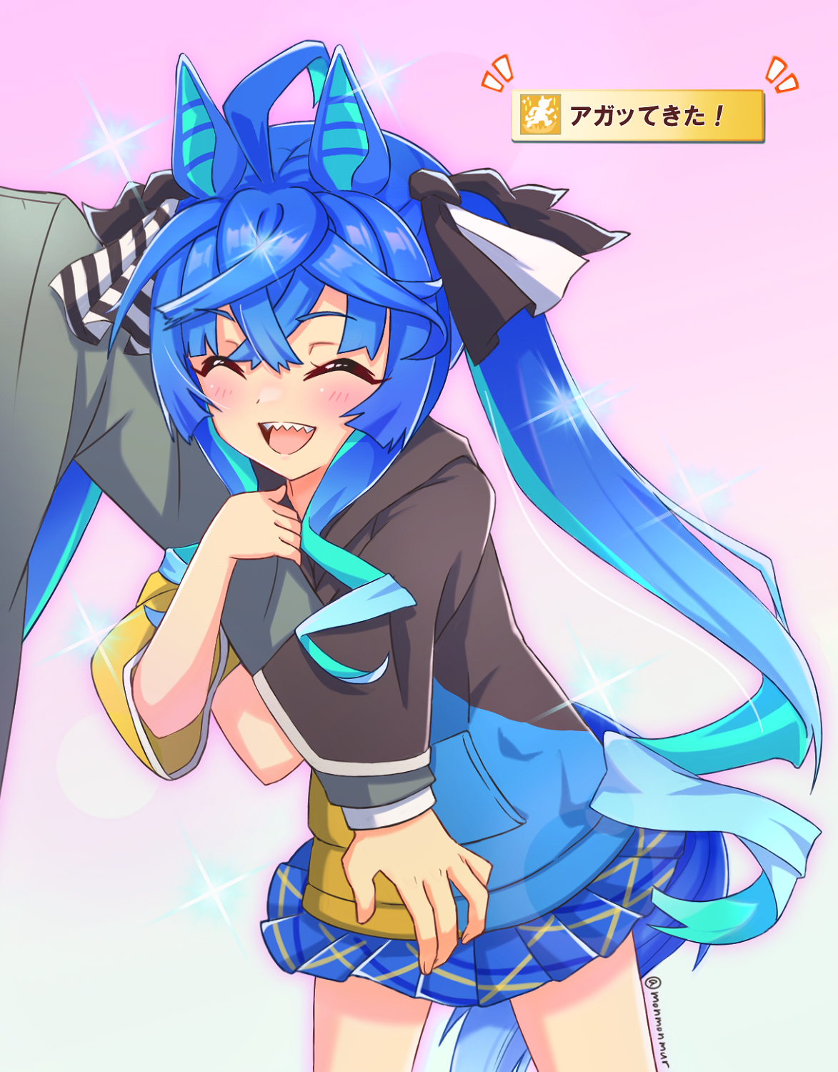 Safebooru - 1boy 1girl ahoge animal ears aqua hair arm hug blue hair blue skirt casual closed ...