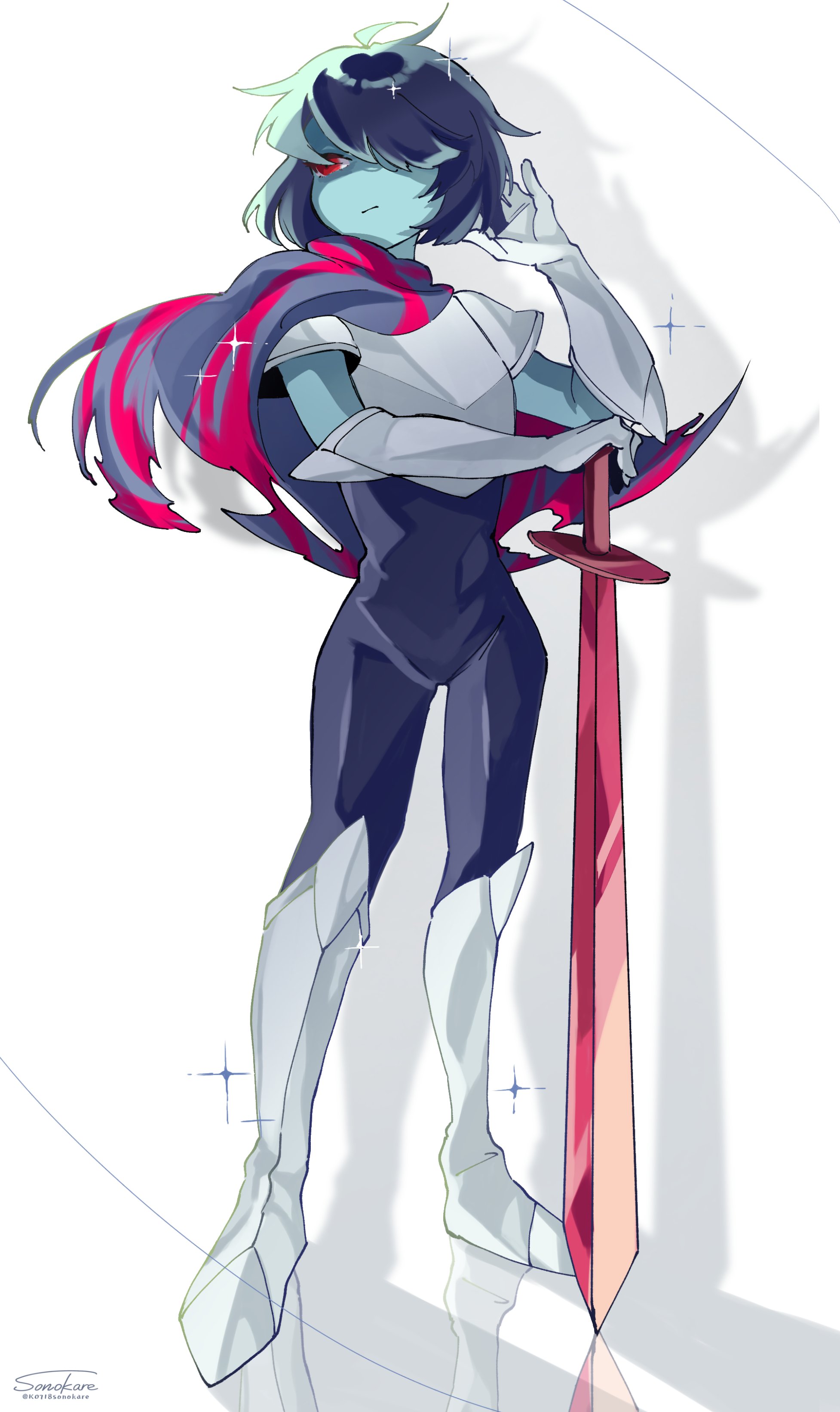 Safebooru - 1other absurdres androgynous armor artist name black hair blue bodysuit blue cape ...