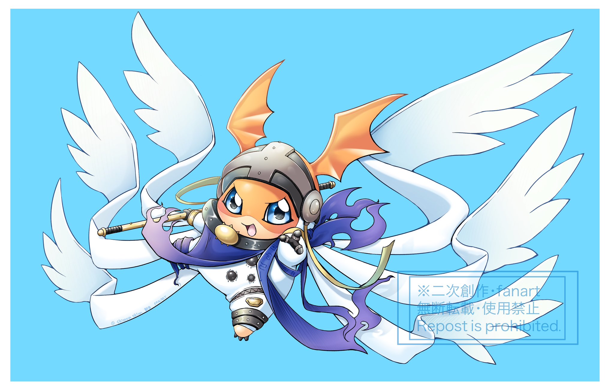 Safebooru - angemon angemon (cosplay) belt blue background blue eyes ...