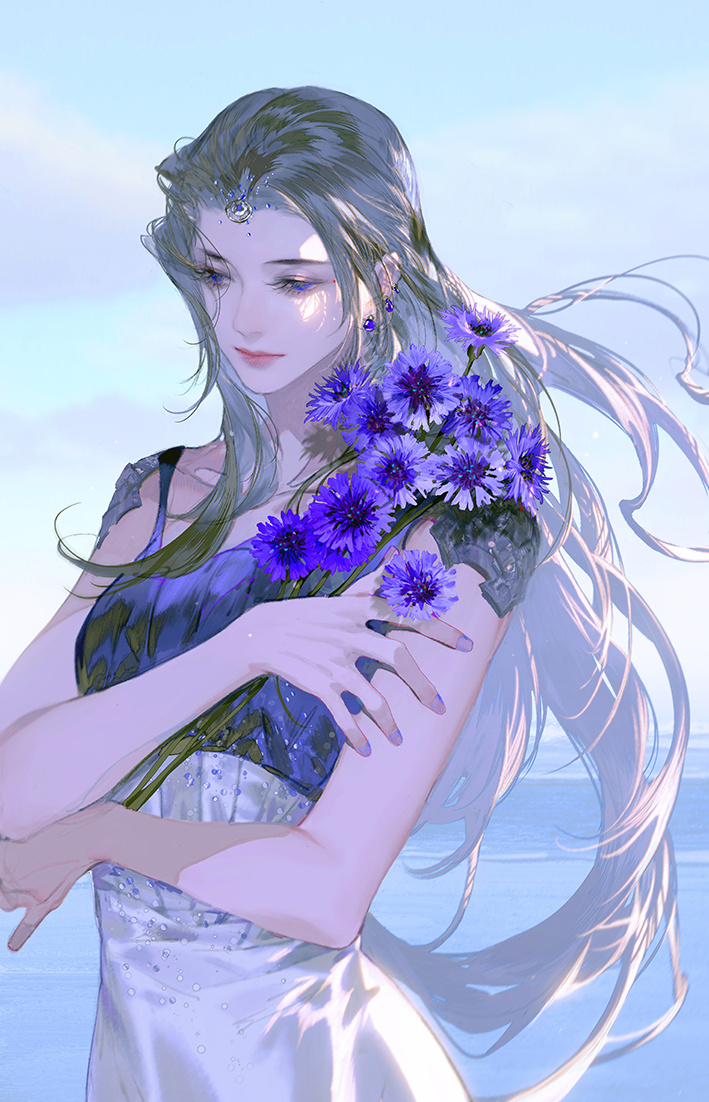 Safebooru - 1girl blue eyes blue flower blue sky brown hair closed mouth collarbone dress ...