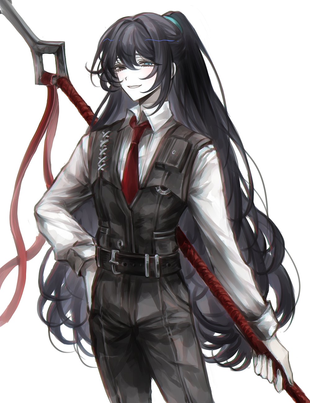 Safebooru - 1boy aqua eyes belt black belt black eyes black hair black pants black vest collared ...