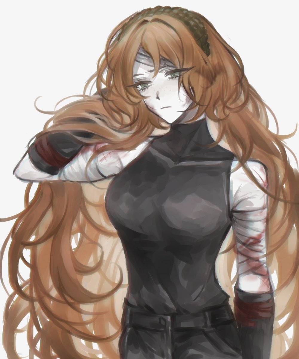Safebooru - 1girl arm up bandaged arm bandages black pants black shirt blood blood on bandages ...