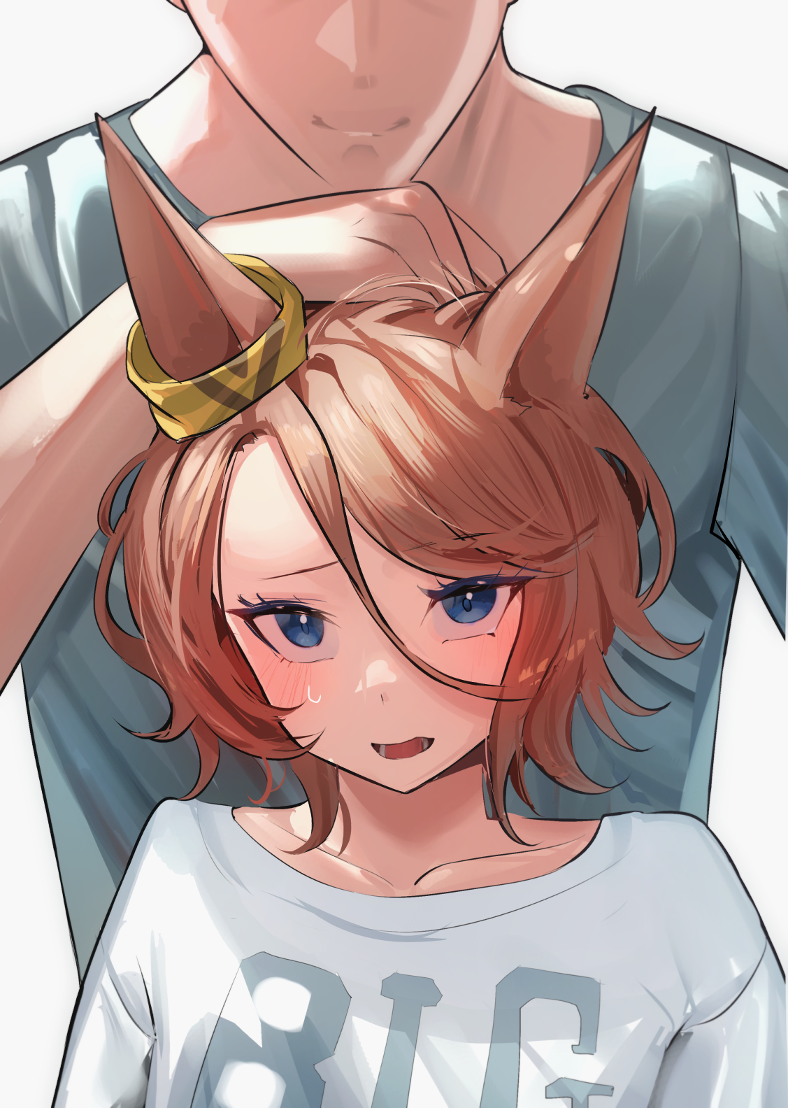 Safebooru - 1boy 1girl animal ears blue eyes blue shirt blush brown hair closed mouth commentary ...