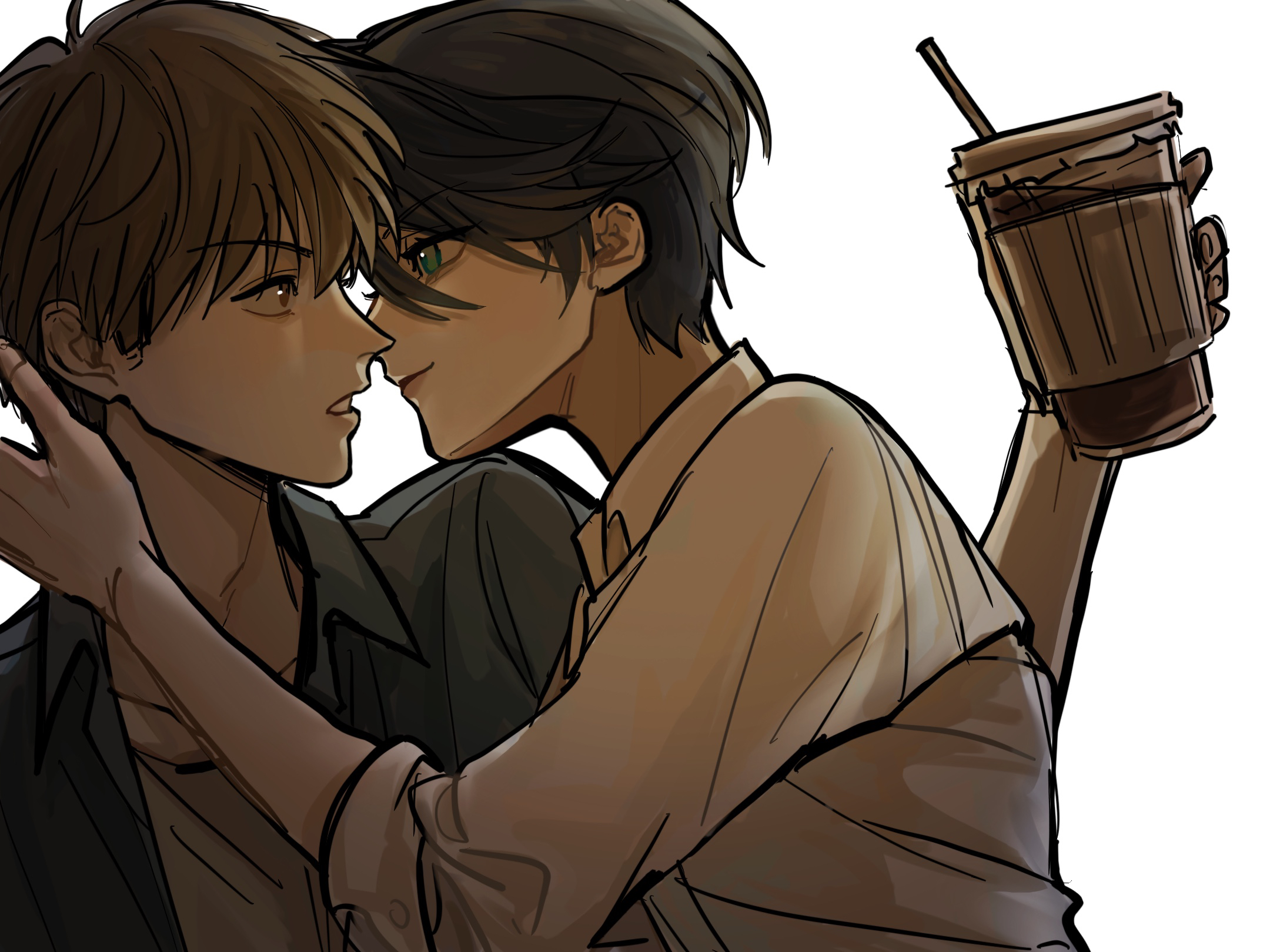 Safebooru - 1boy 1girl androgynous artist name black hair blue eyes blue shirt brown eyes brown ...