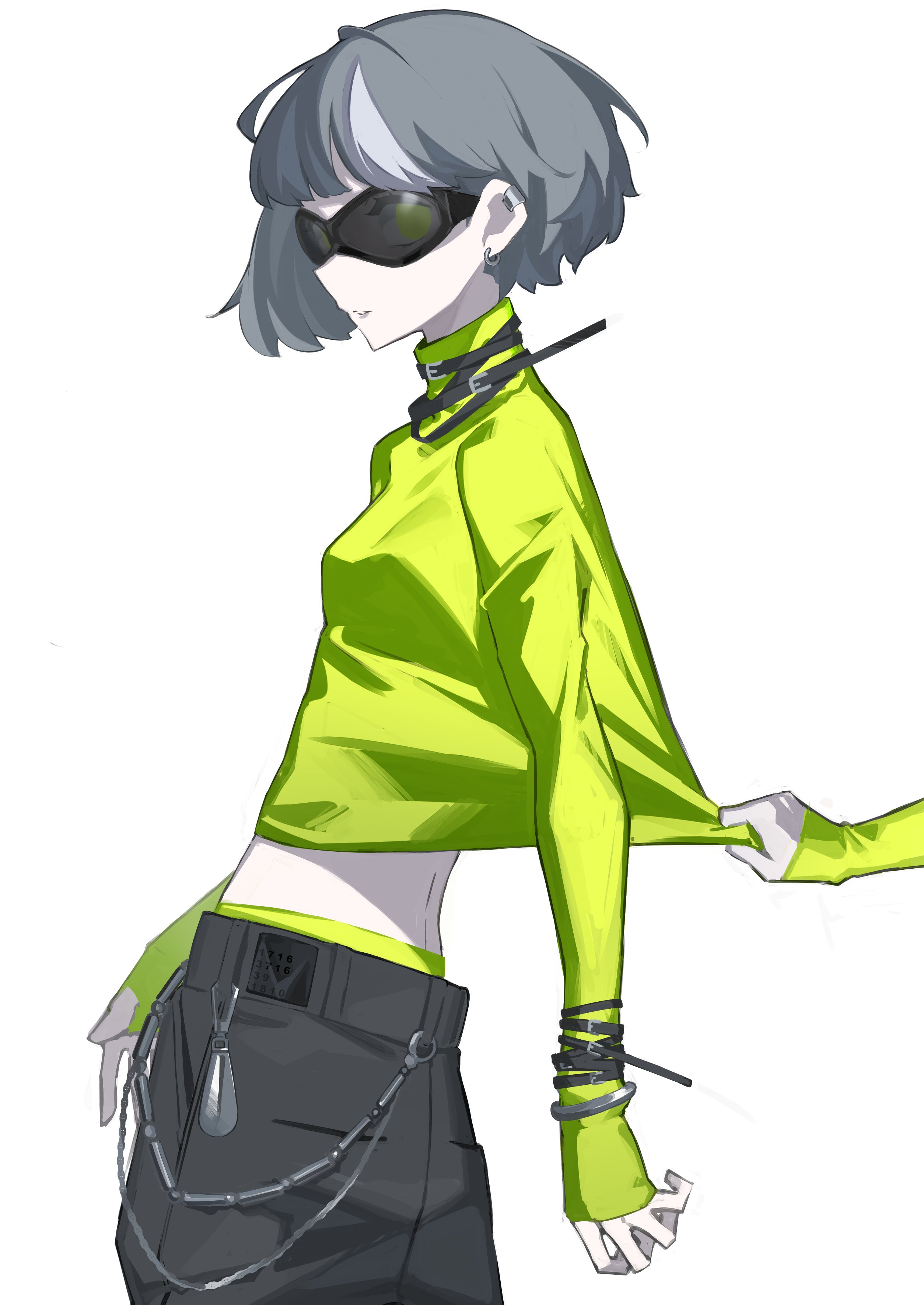 Safebooru - 1girl absurdres balance (superdust) black pants bracelet breasts clothes grab ...