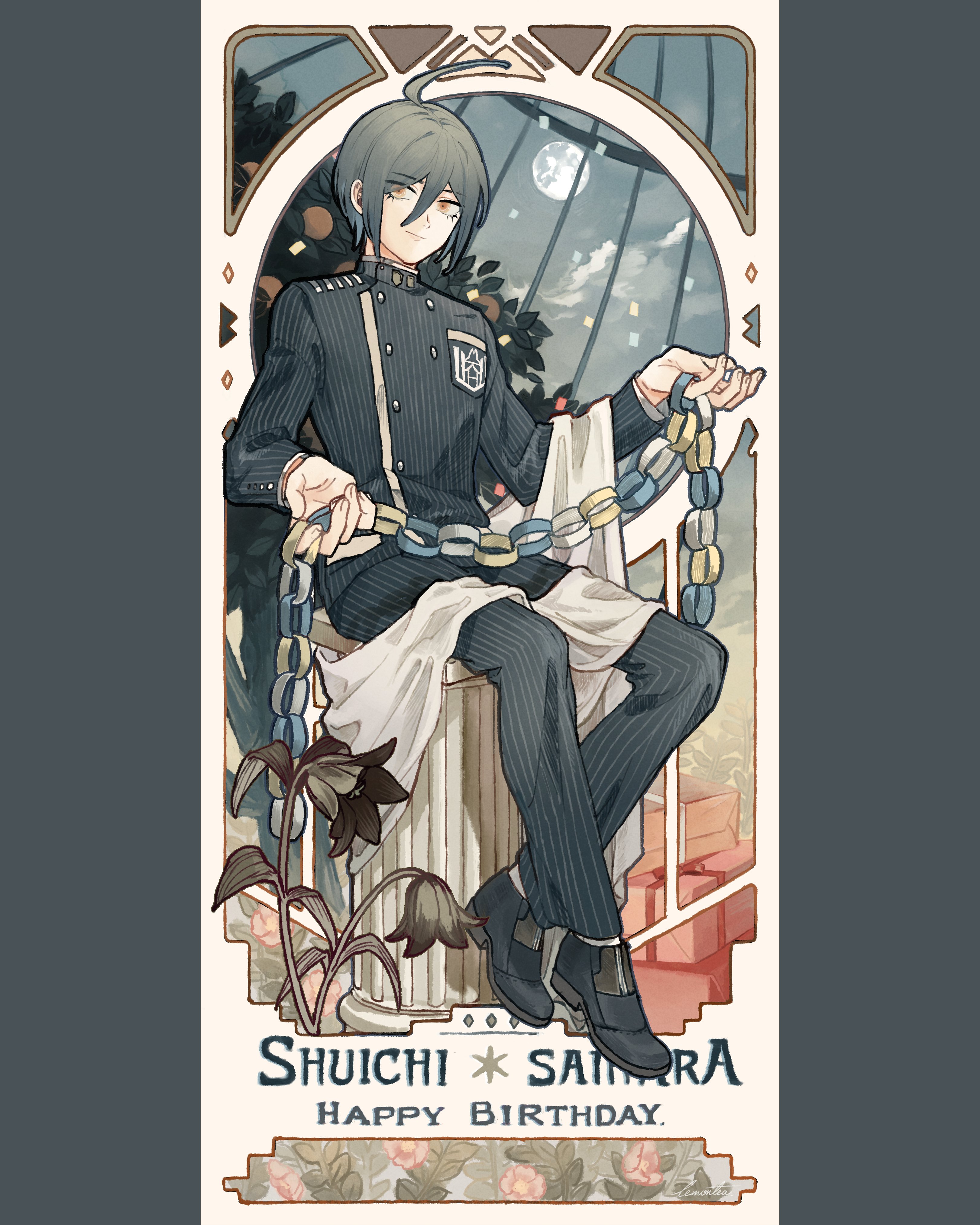 Safebooru - 1boy absurdres ahoge black footwear breast pocket brown eyes buttons character name ...