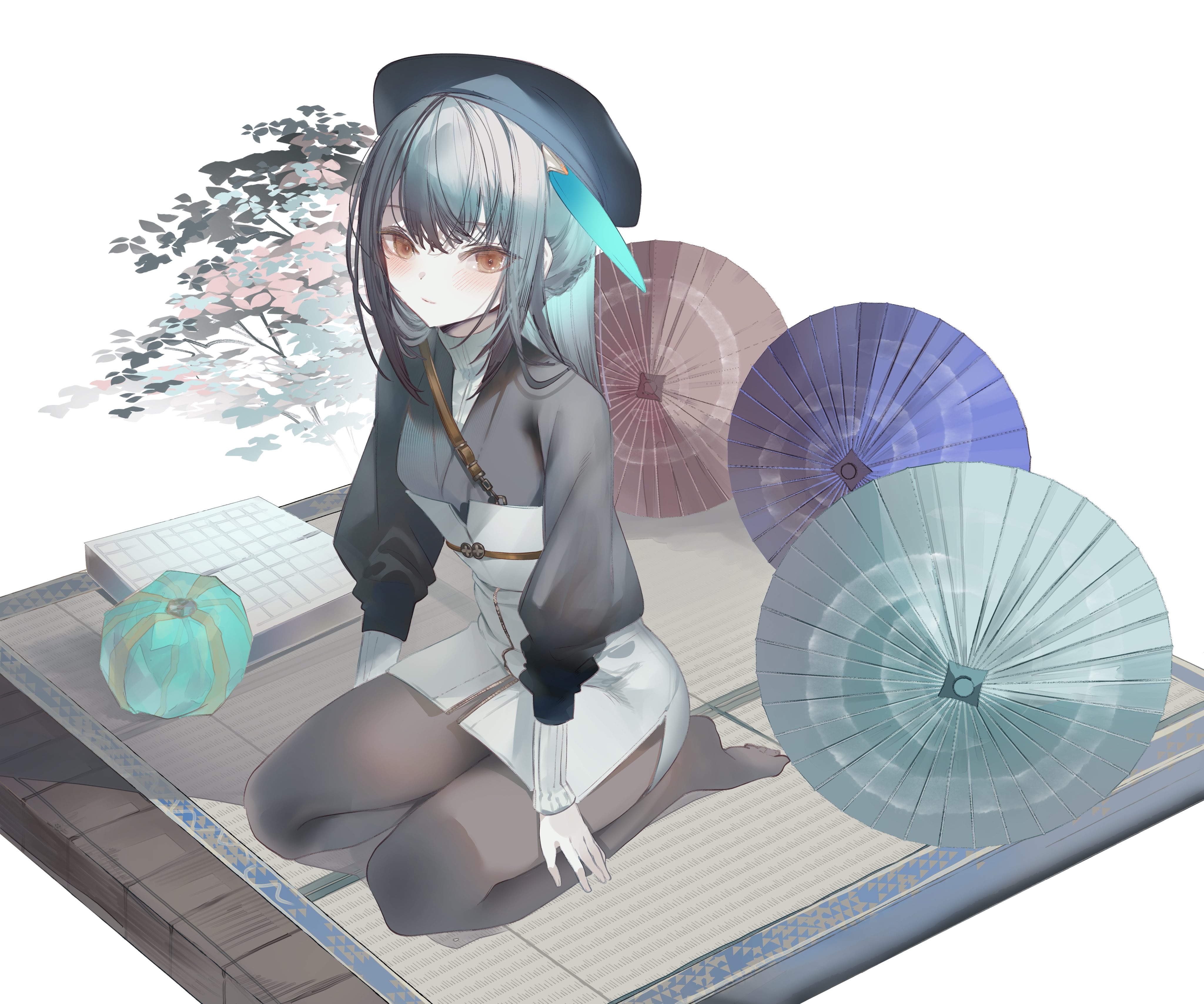Safebooru - 1-gou (111touban) 1girl absurdres beret black pantyhose blue hair blush brown eyes ...