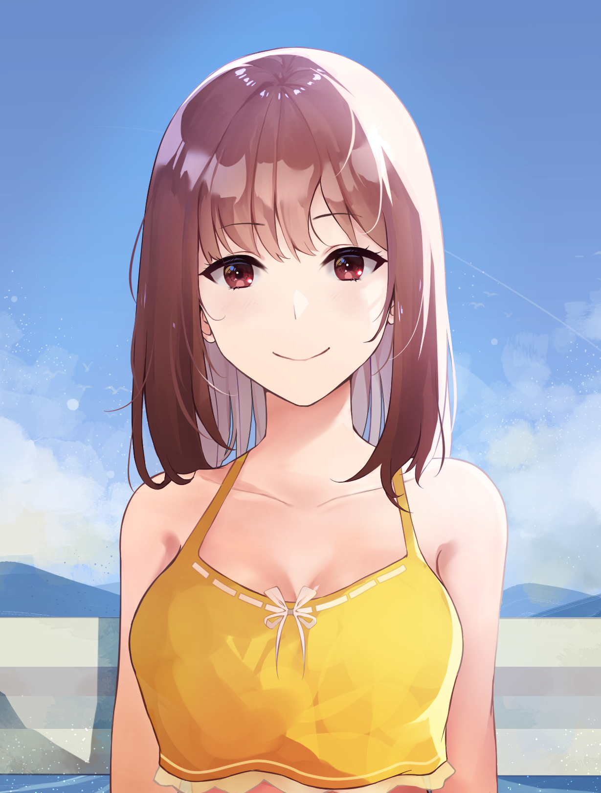 Safebooru - 1girl bare arms bare shoulders blue sky brown eyes brown hair closed mouth ...