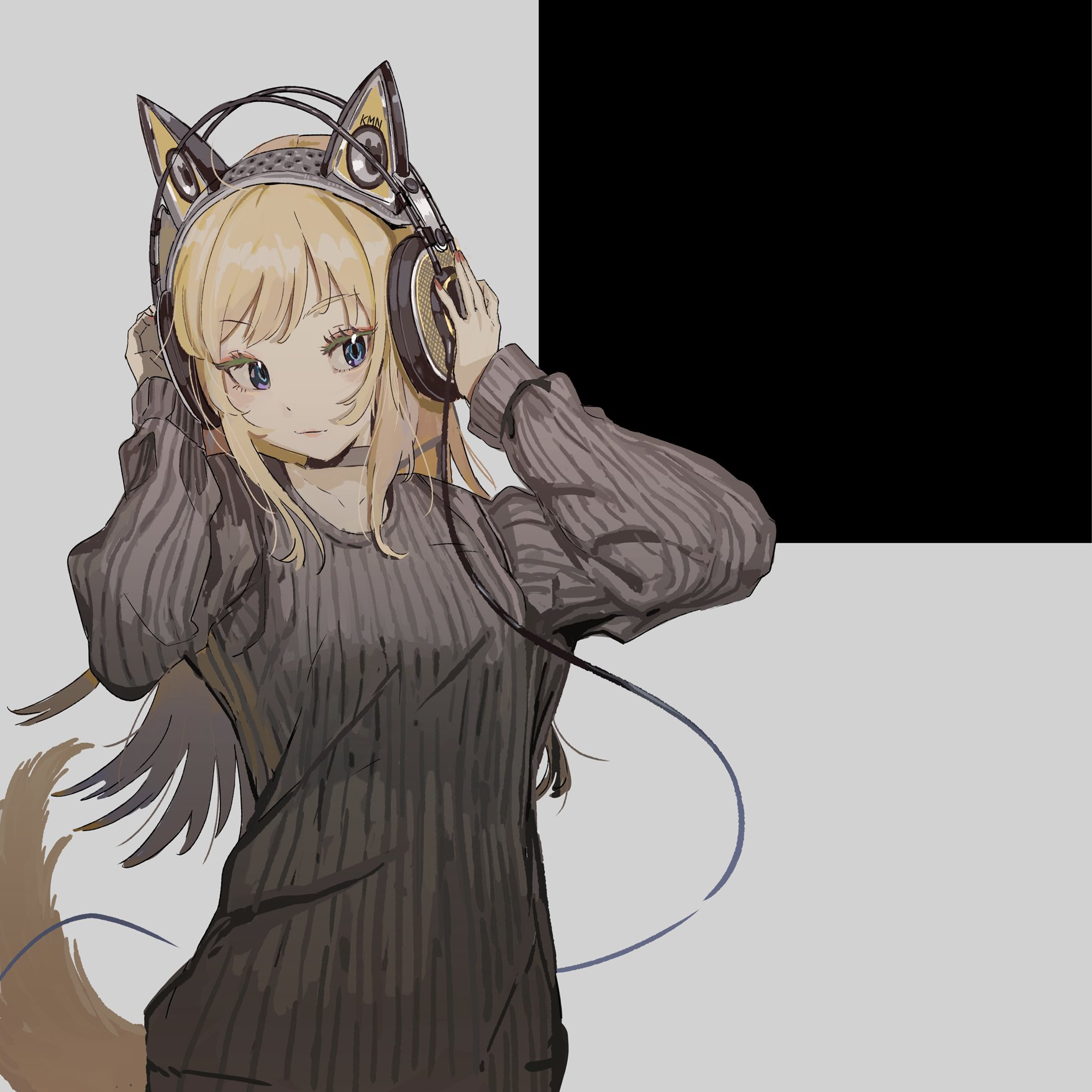 Safebooru - 1girl animal ear headphones animal ears blonde hair blue eyes breasts cable closed ...