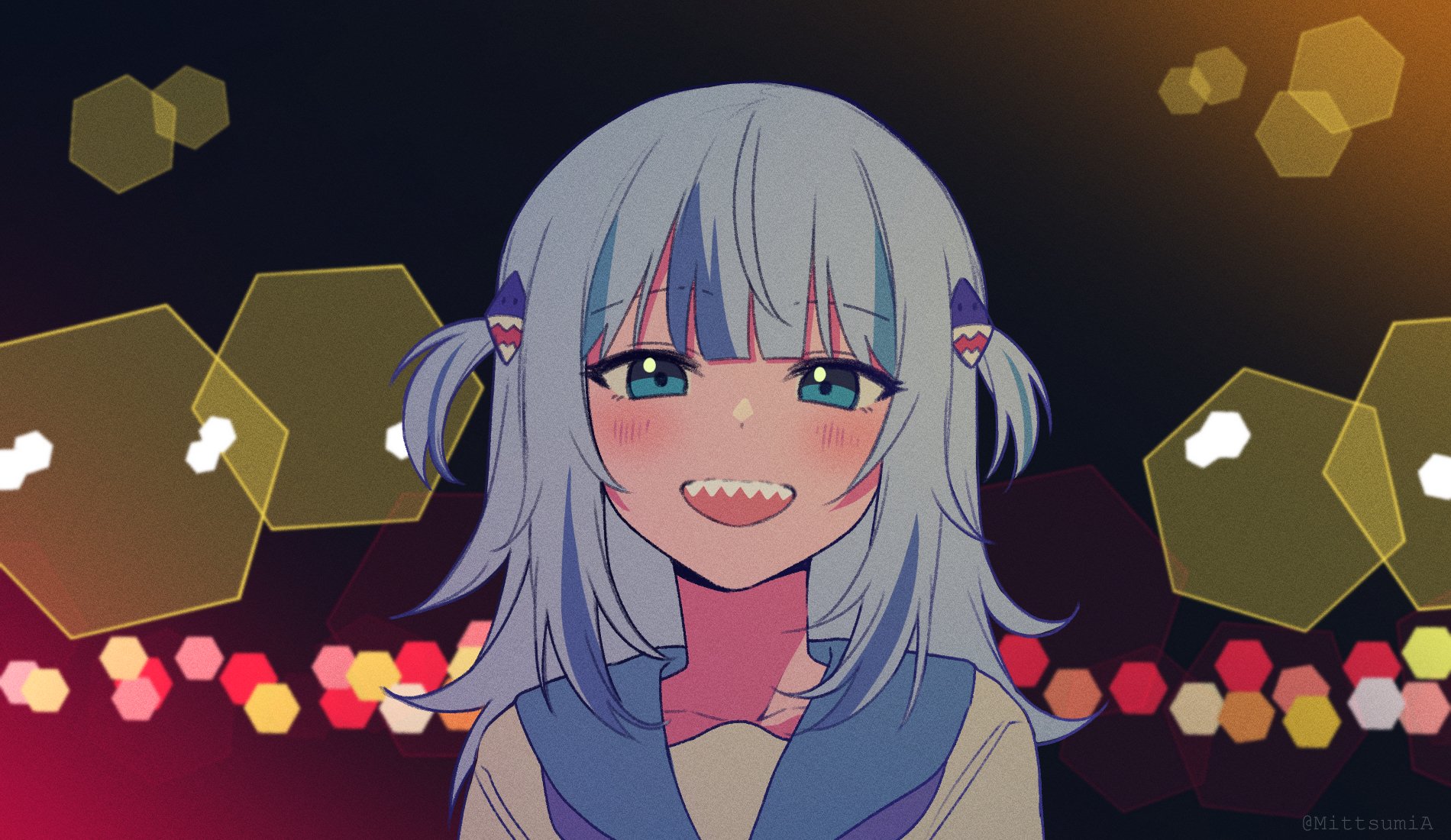 Safebooru - 1girl blue eyes blue hair blue shirt blunt bangs blush gawr gura grey hair hair ...