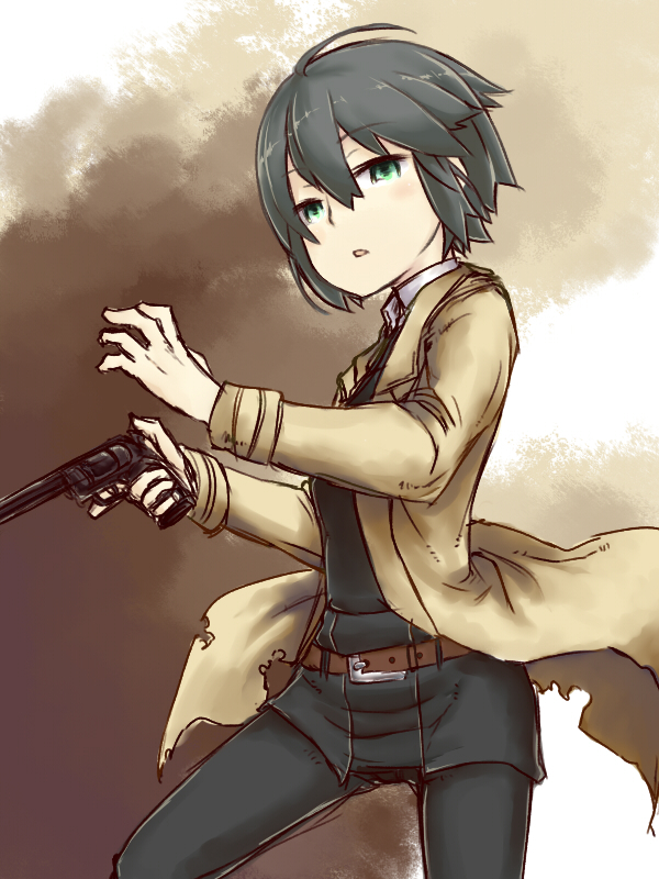 Safebooru - ahoge androgynous belt black hair coat green eyes gun handgun kino kino no tabi ...