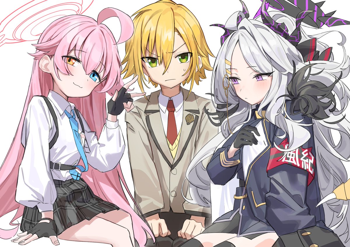 Safebooru - 1boy 2girls :3 ahoge armband black gloves blonde hair blue archive blue necktie ...