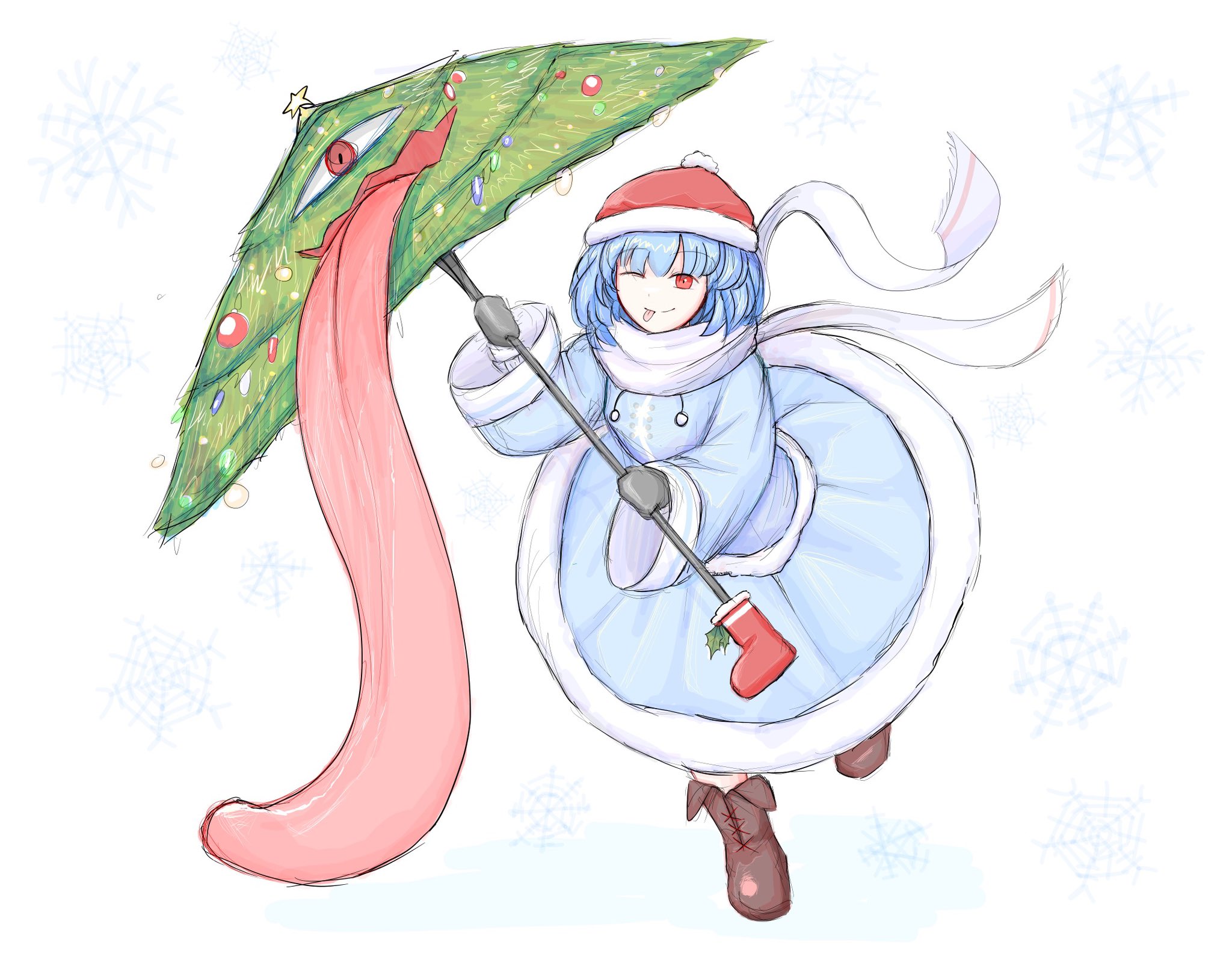 Safebooru - 1girl adapted costume blue dress blue hair christmas stocking christmas tree dress ...