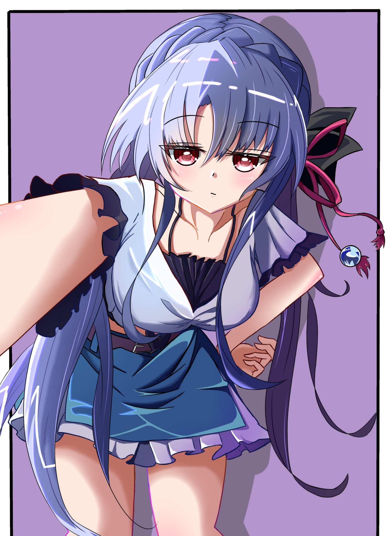 Safebooru - 1girl black bow blue hair blue skirt blush border bow braid breasts casual closed ...