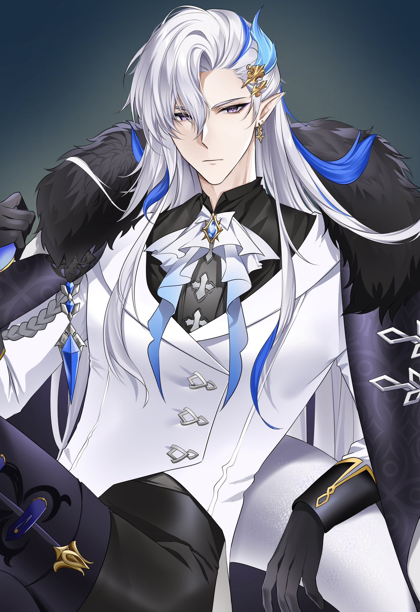 Safebooru - 1boy ascot asymmetrical bangs black gloves black jacket black pants black shirt blue ...