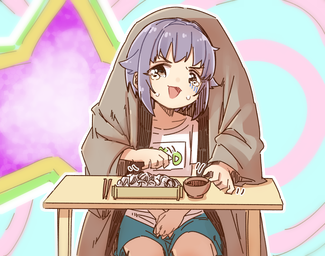 Safebooru - 2girls blue shorts bowl brown eyes chopsticks commentary ...