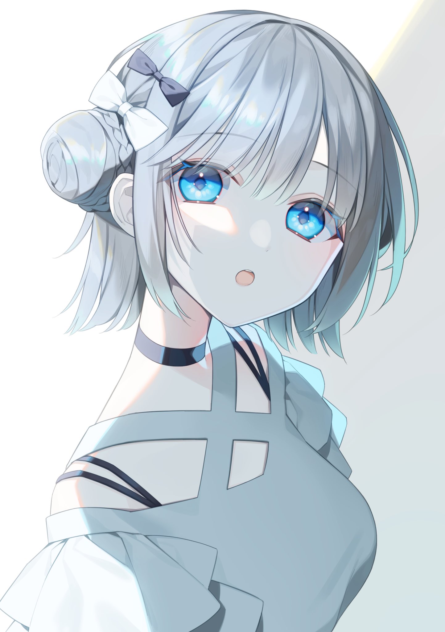 Safebooru - 1girl :o black bow black choker blue eyes bow braid braided bun breasts choker ...