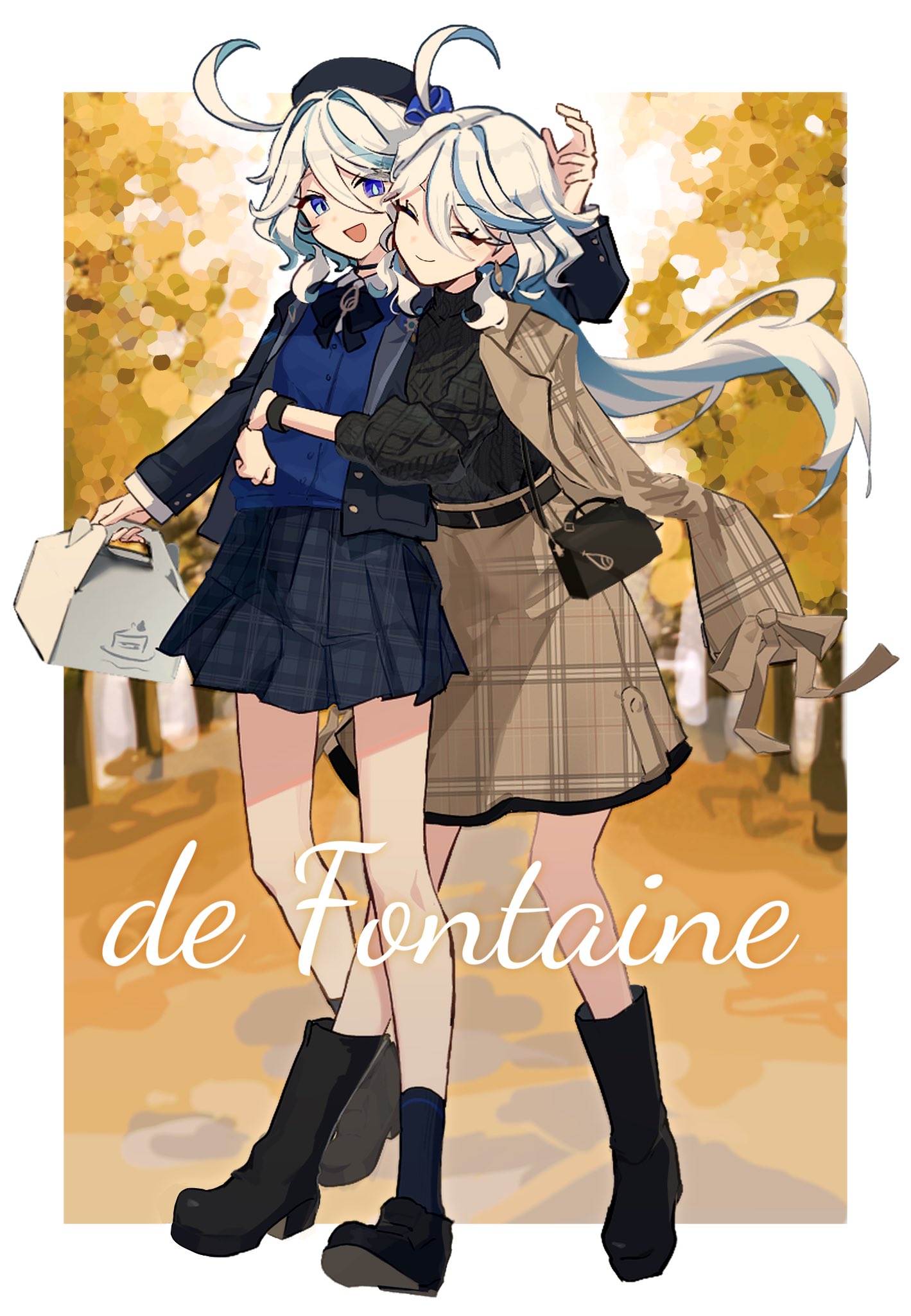 Safebooru - 2girls ahoge alternate costume autumn bag beret black footwear black headwear black ...