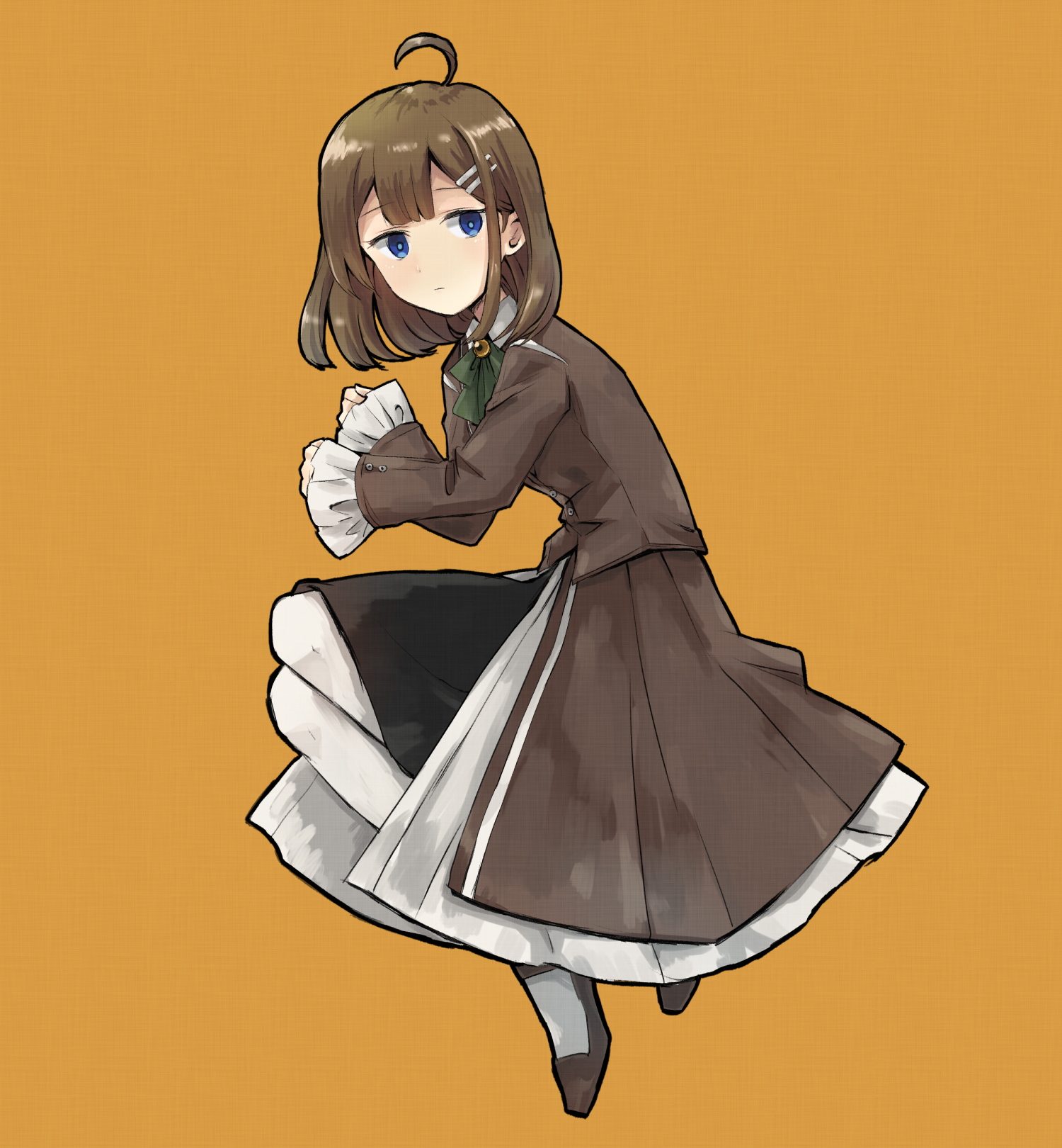 Safebooru - 1girl ahoge black skirt blue eyes brown coat brown dress brown hair closed mouth ...