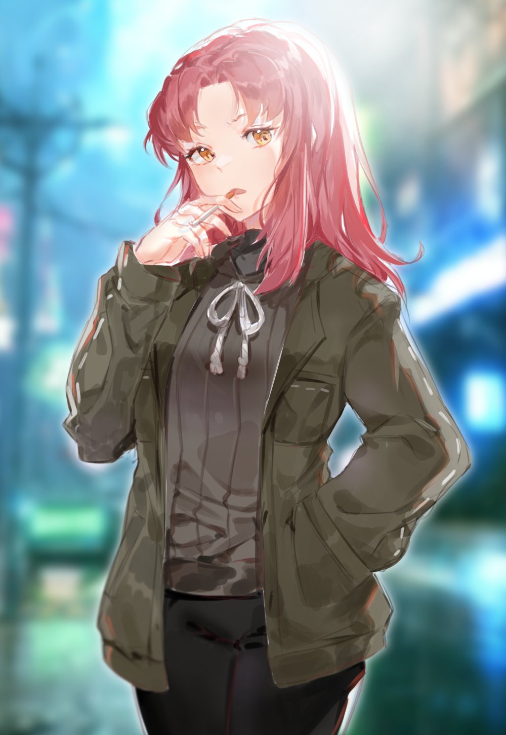 Safebooru - 1girl black pants brown jacket cowboy shot grey sweater ...