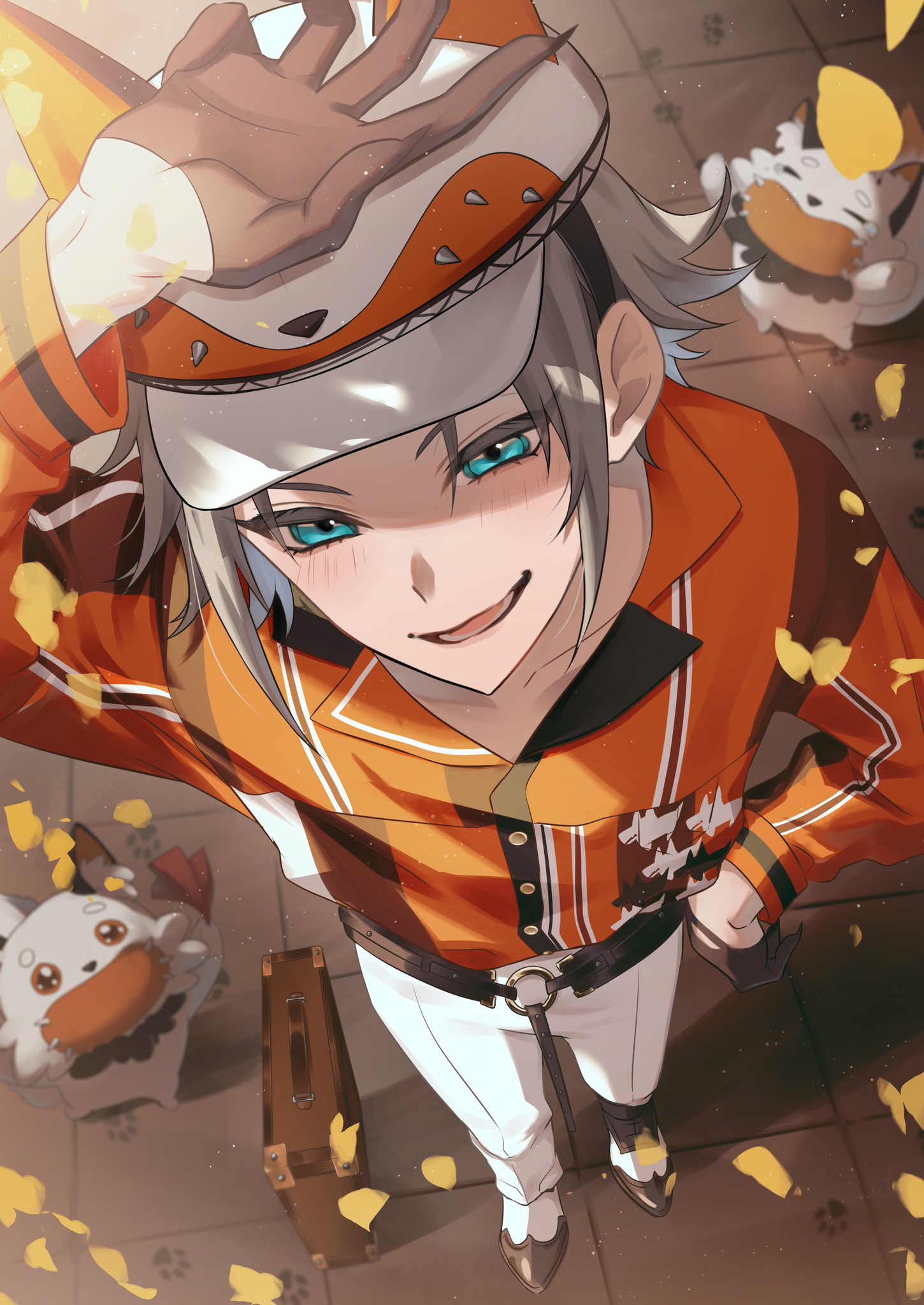 Safebooru - 1boy animal ears animal hat aqua eyes arm up black gloves ...