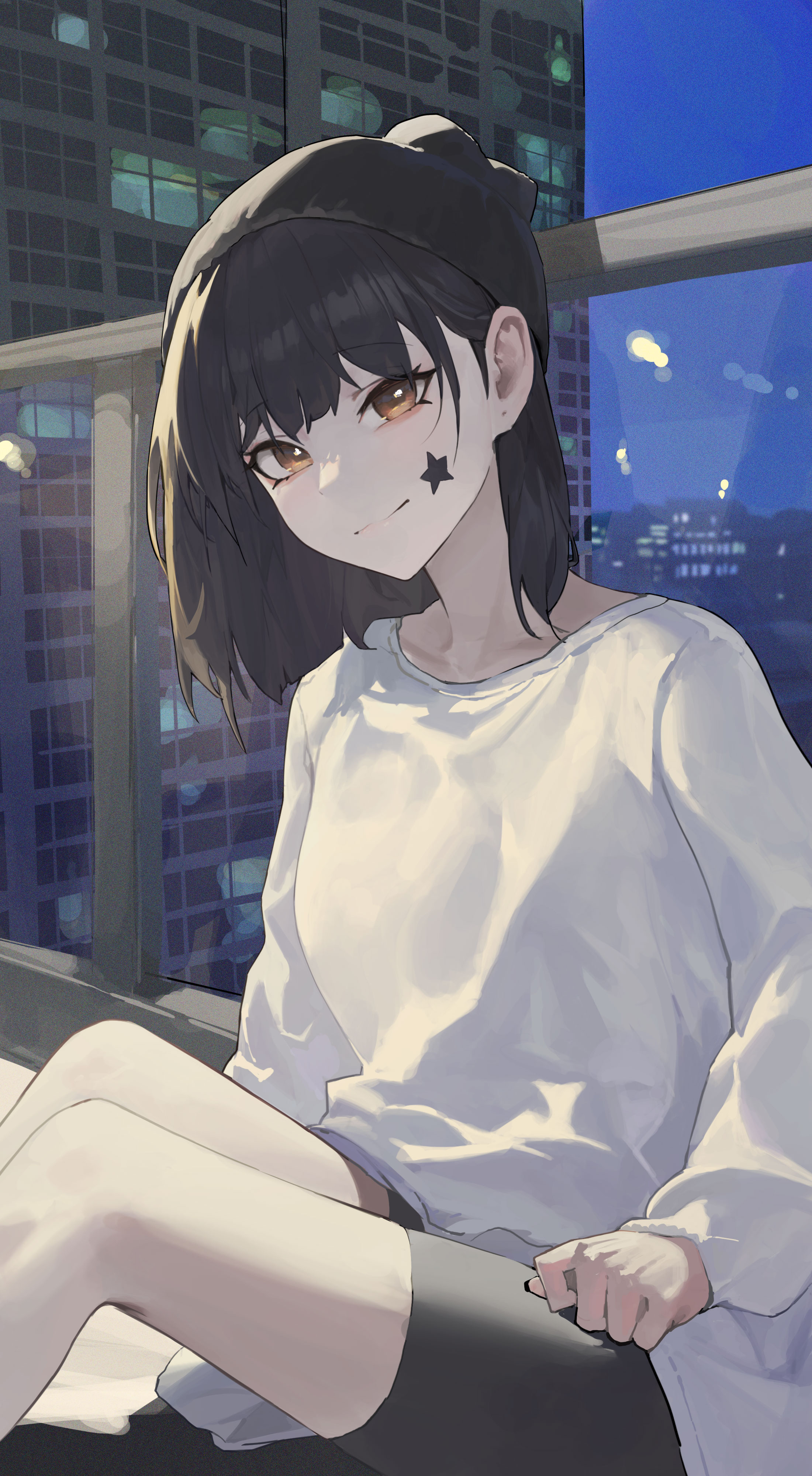 Safebooru - 1girl absurdres beanie bike shorts black hair black headwear brown eyes closed mouth ...