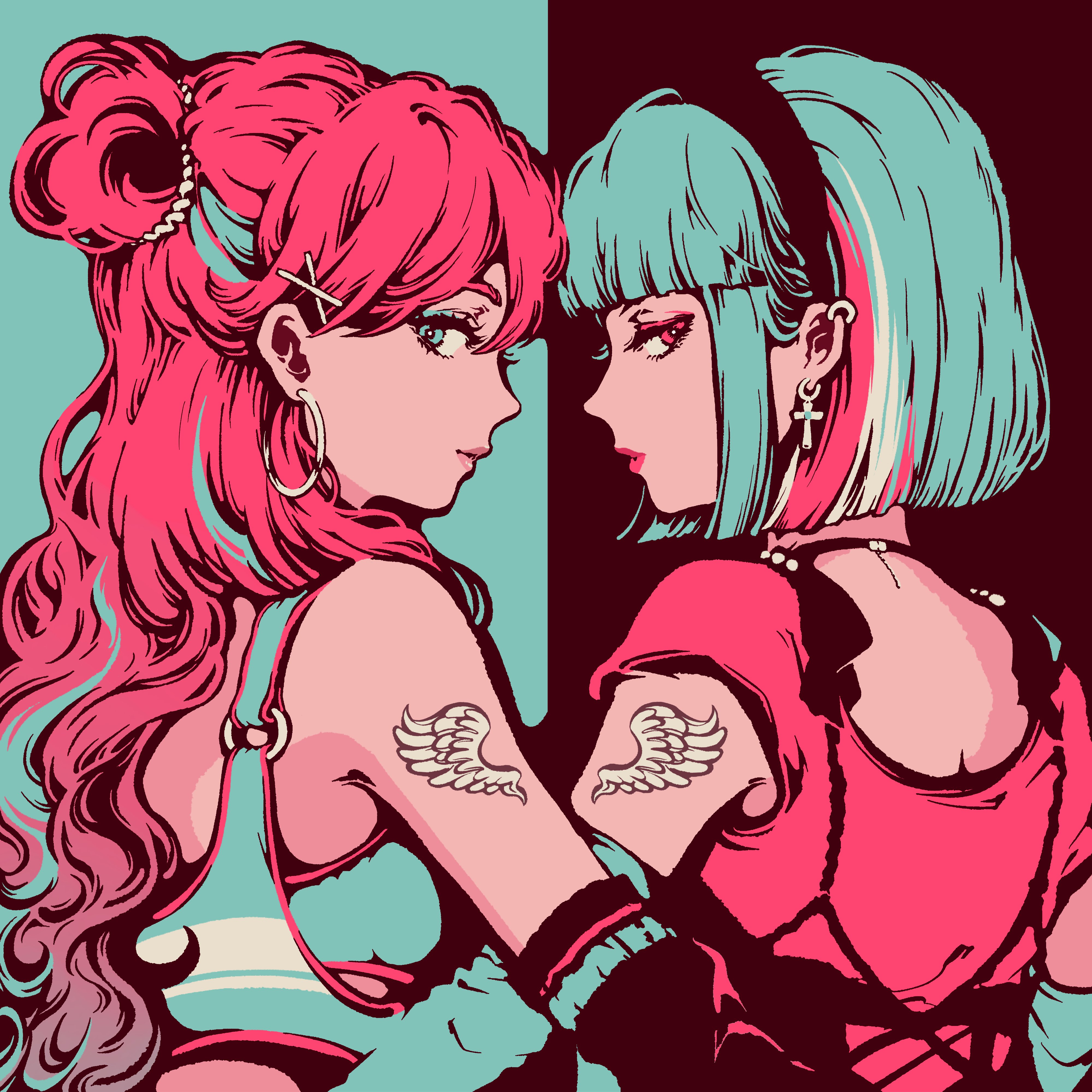 Safebooru - 2girls absurdres aqua background aqua eyes aqua hair black background black hairband ...