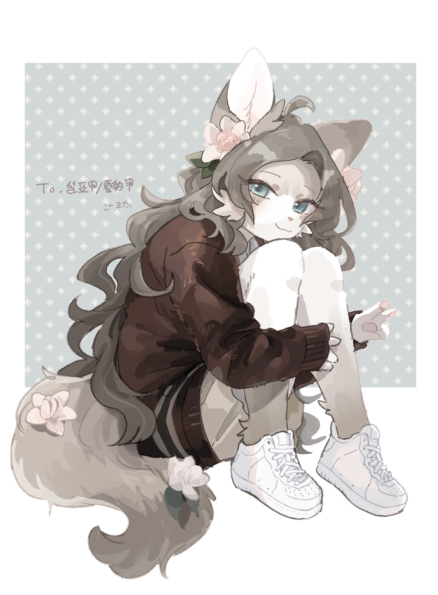 Safebooru - 1girl :3 ahoge animal ears blue background blue eyes body fur border brown fur brown ...