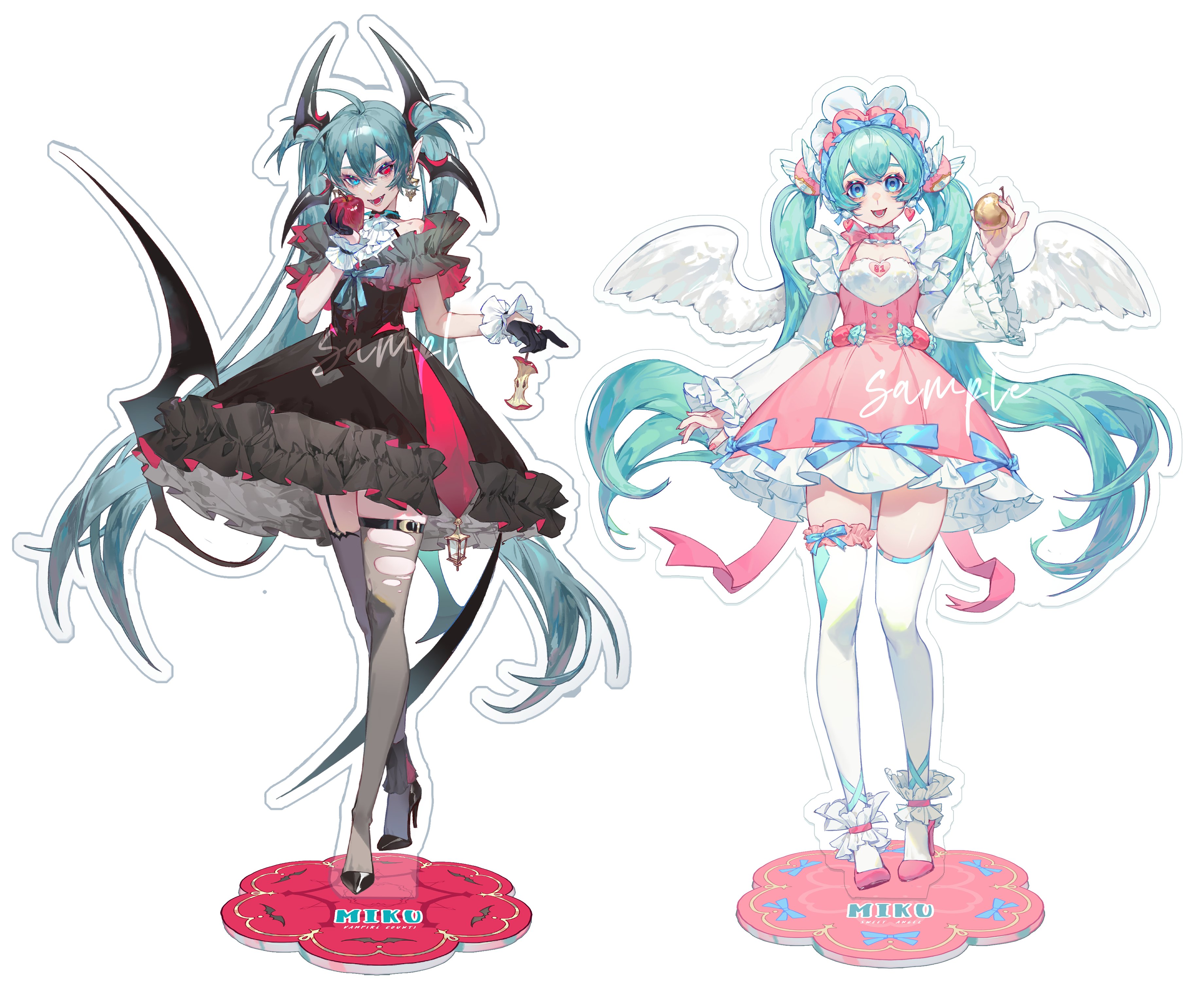 Safebooru - 2girls absurdres angel and devil angel wings ankle cuffs apple apple core aqua hair ...