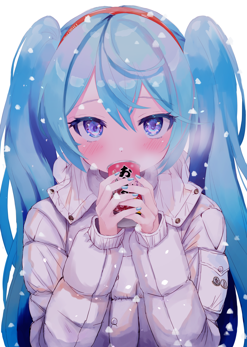 Safebooru - 1girl alternate costume aqua hair aqua nails blue eyes blush can coat commentary ...