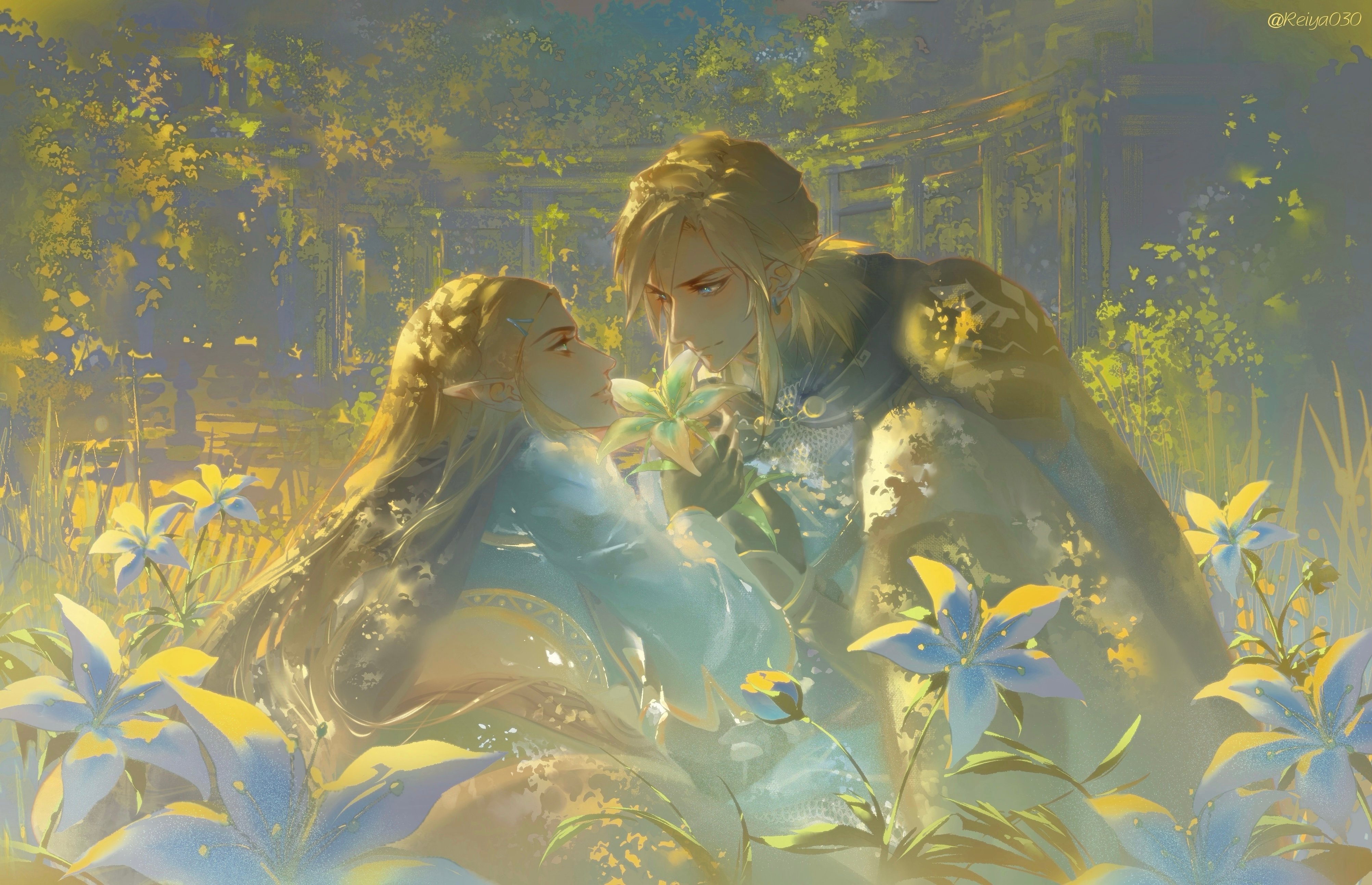 Safebooru - 1boy 1girl absurdres aqua eyes armor black gloves blonde hair blue flower blue shirt ...