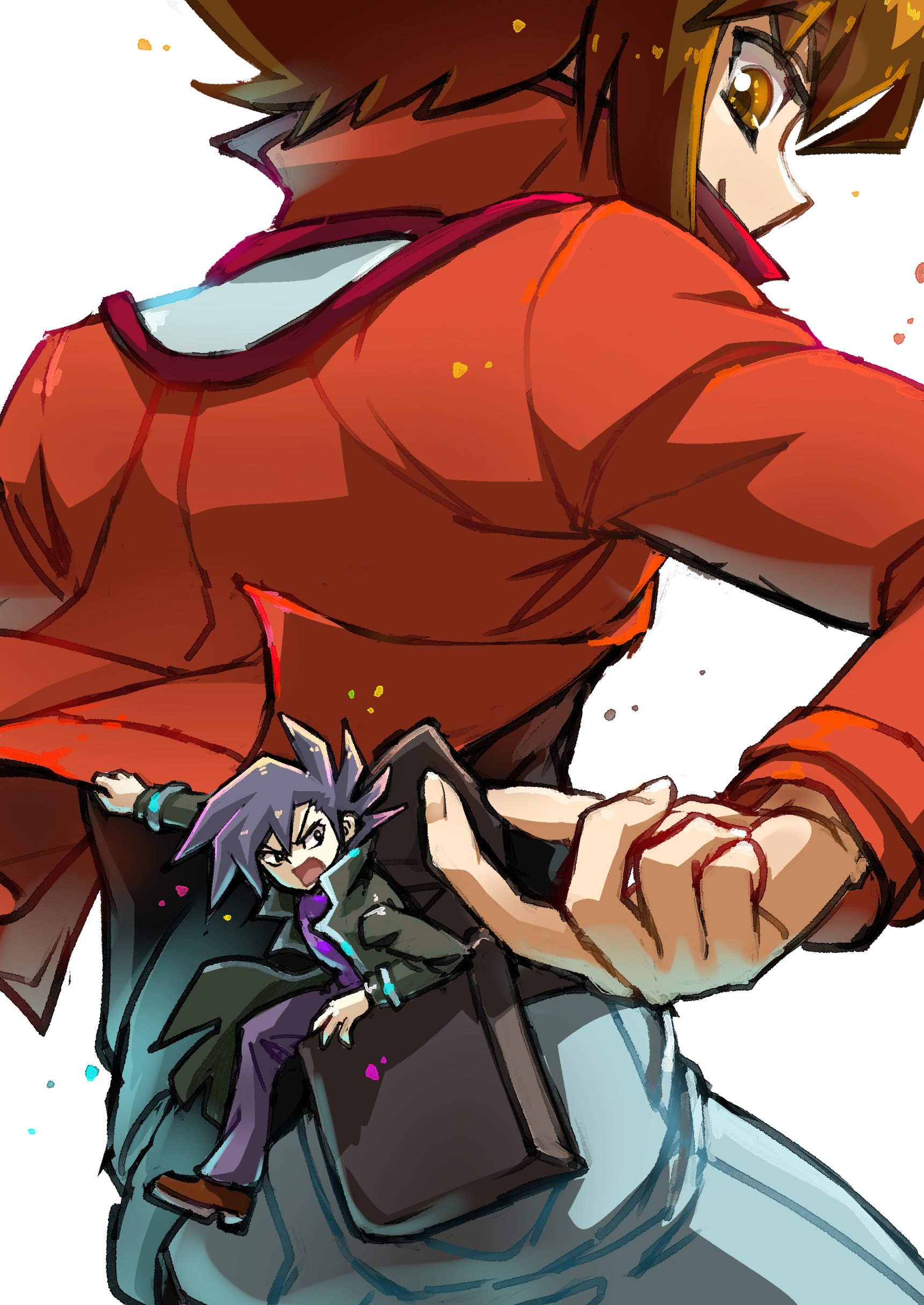 Safebooru - 2boys absurdres angry belt pouch black coat black hair black shirt blue pants brown ...