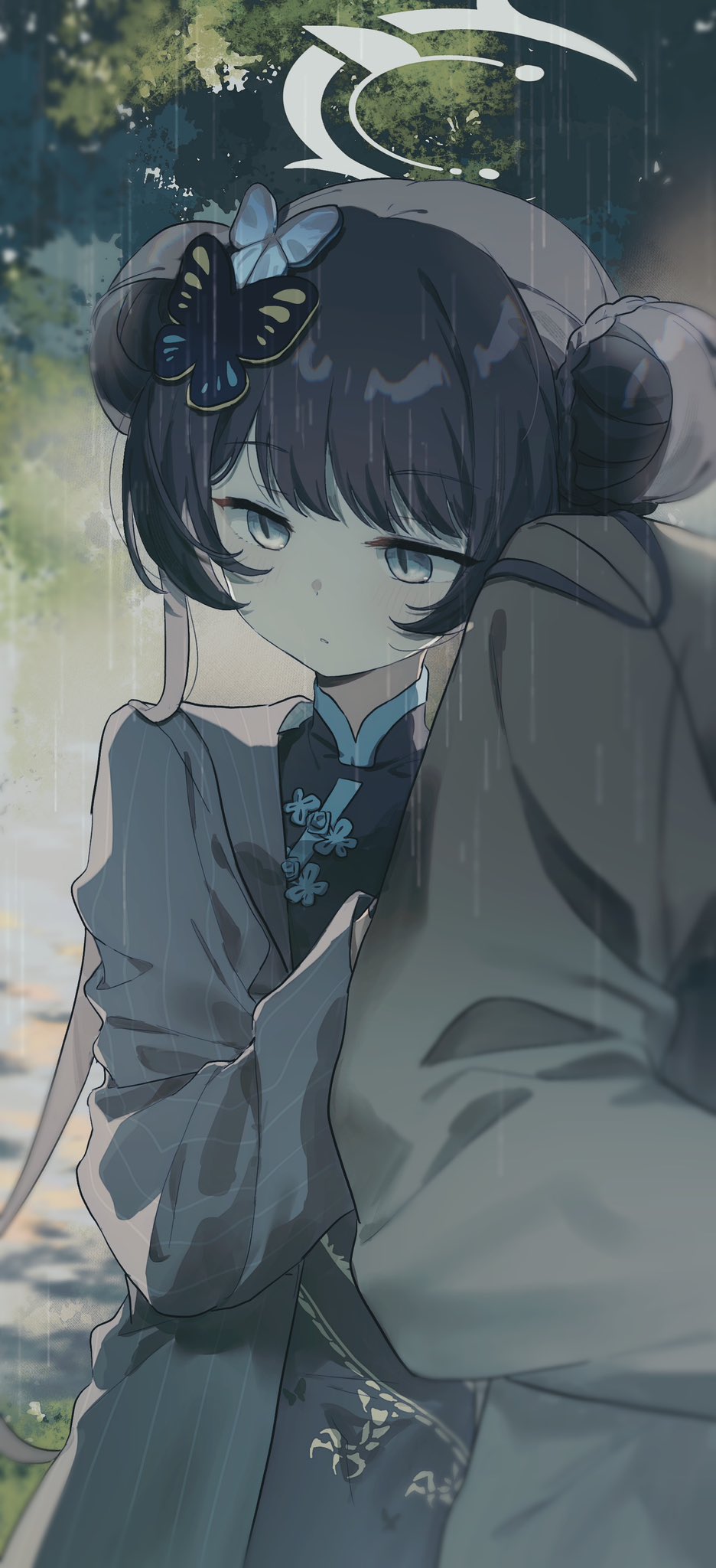 Safebooru - 1girl 1other black dress black hair blue archive butterfly hair ornament china dress ...