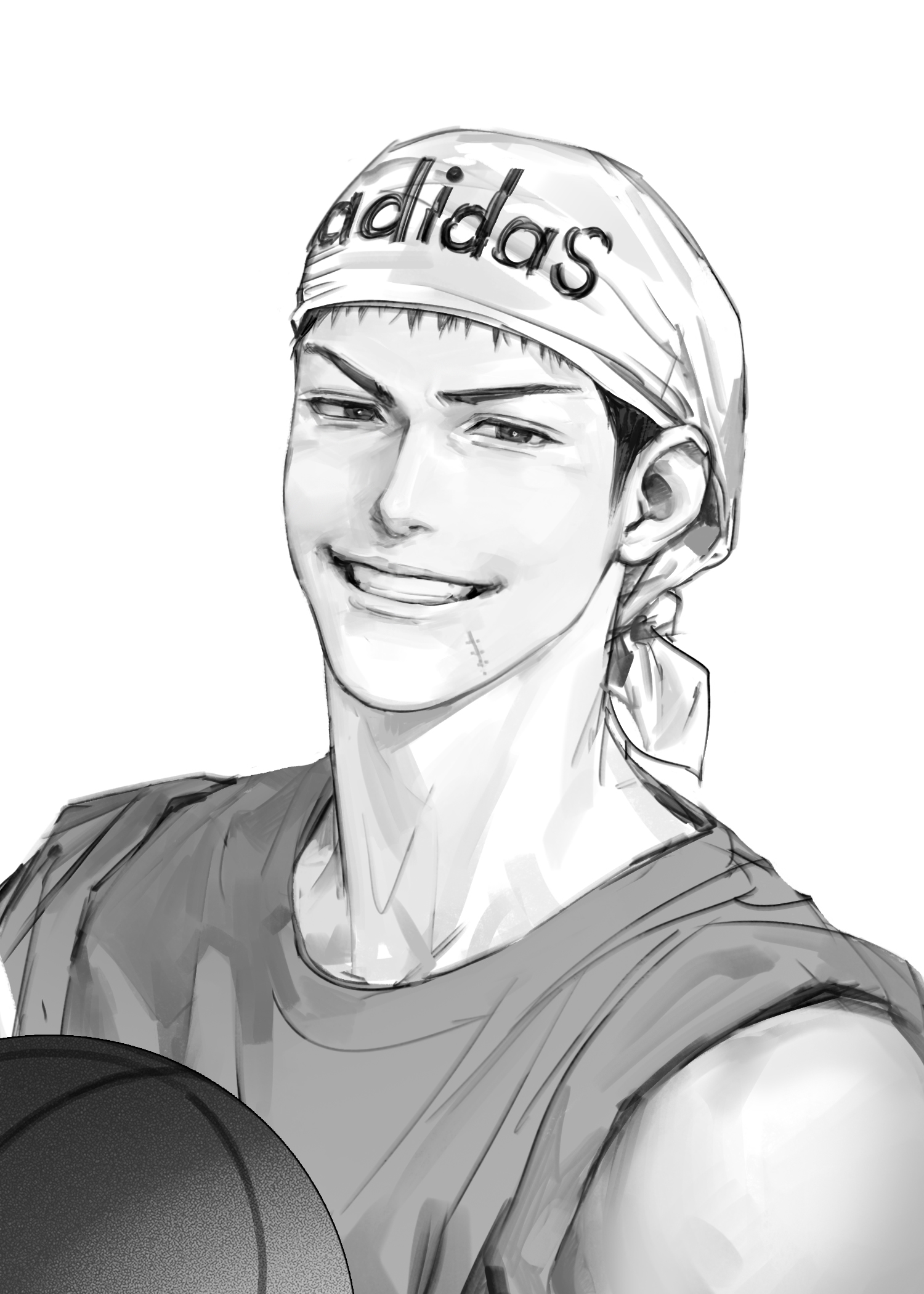 Safebooru - 1boy adidas ball bandana basketball (object) black eyes black hair greyscale highres ...