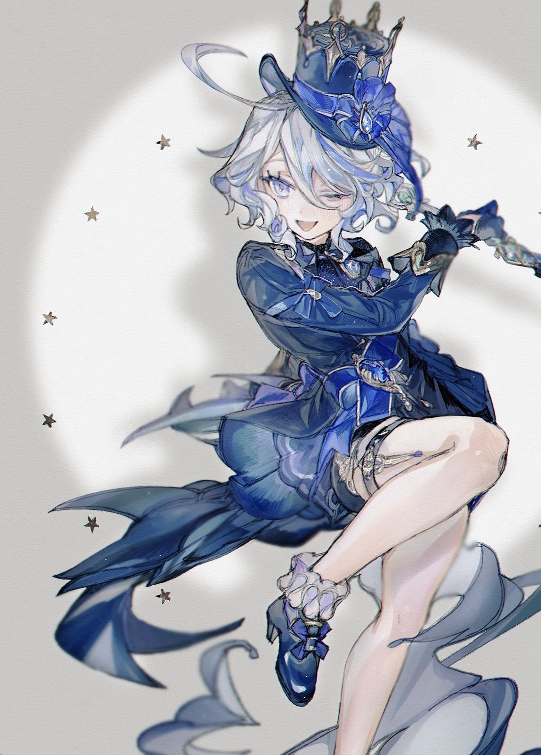 Safebooru - 1girl ahoge ascot black footwear blue ascot blue brooch blue eyes blue hair blue ...