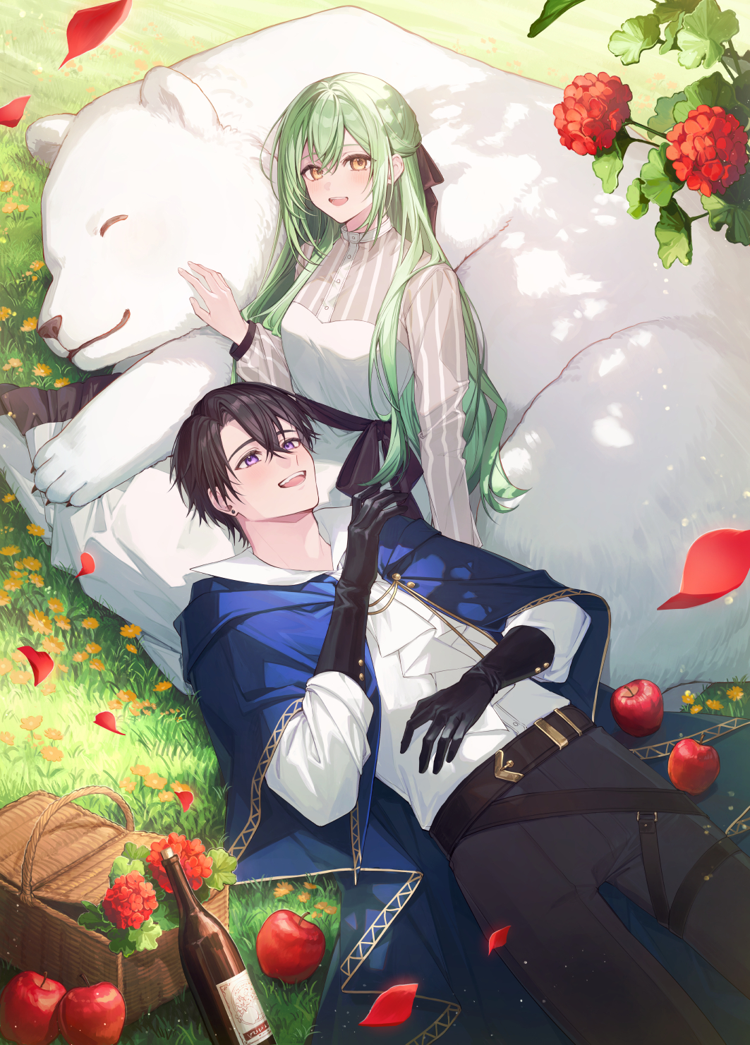 Safebooru - 1boy 1girl :d animal apple bear belt belt buckle black belt black gloves black hair ...