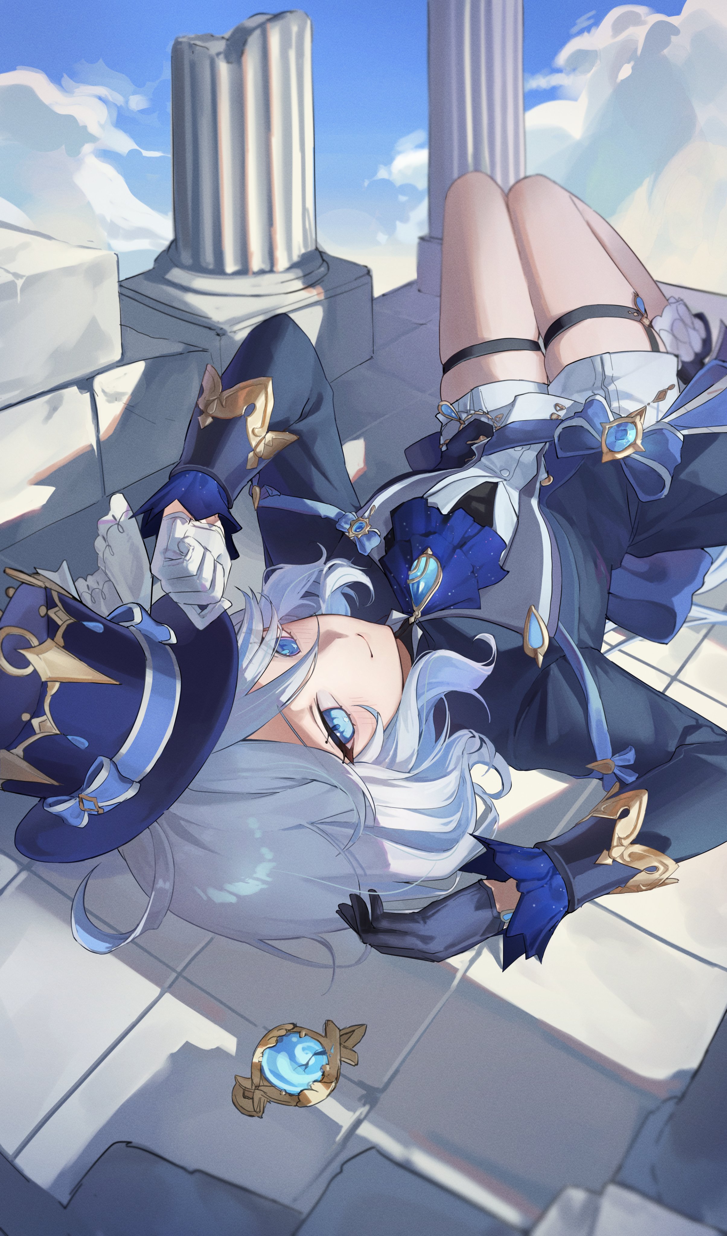 Safebooru - 1girl absurdres ahoge asymmetrical gloves black gloves black straps blue eyes blue ...