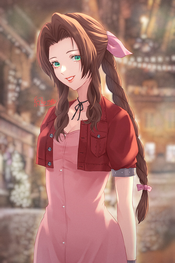 Safebooru - 1girl aerith gainsborough blurry blurry background braid braided ponytail brown hair ...