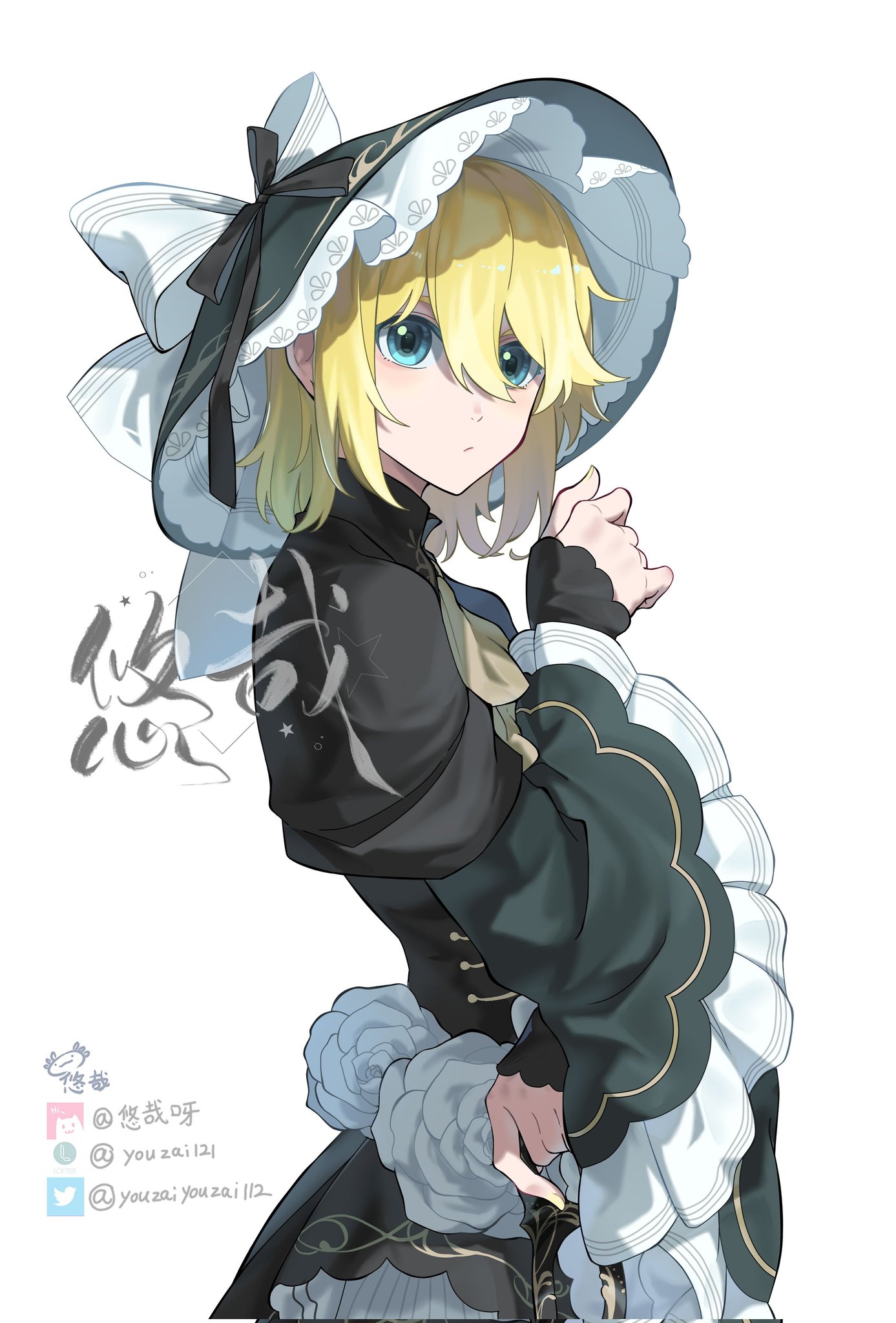 Safebooru - 1girl black dress black headwear blonde hair blue eyes chinese commentary dress ...