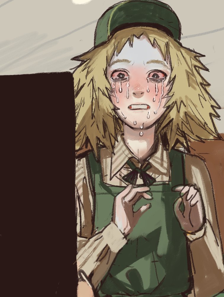 Safebooru - 1girl apron baseball cap black eyes blonde hair bloodshot ...
