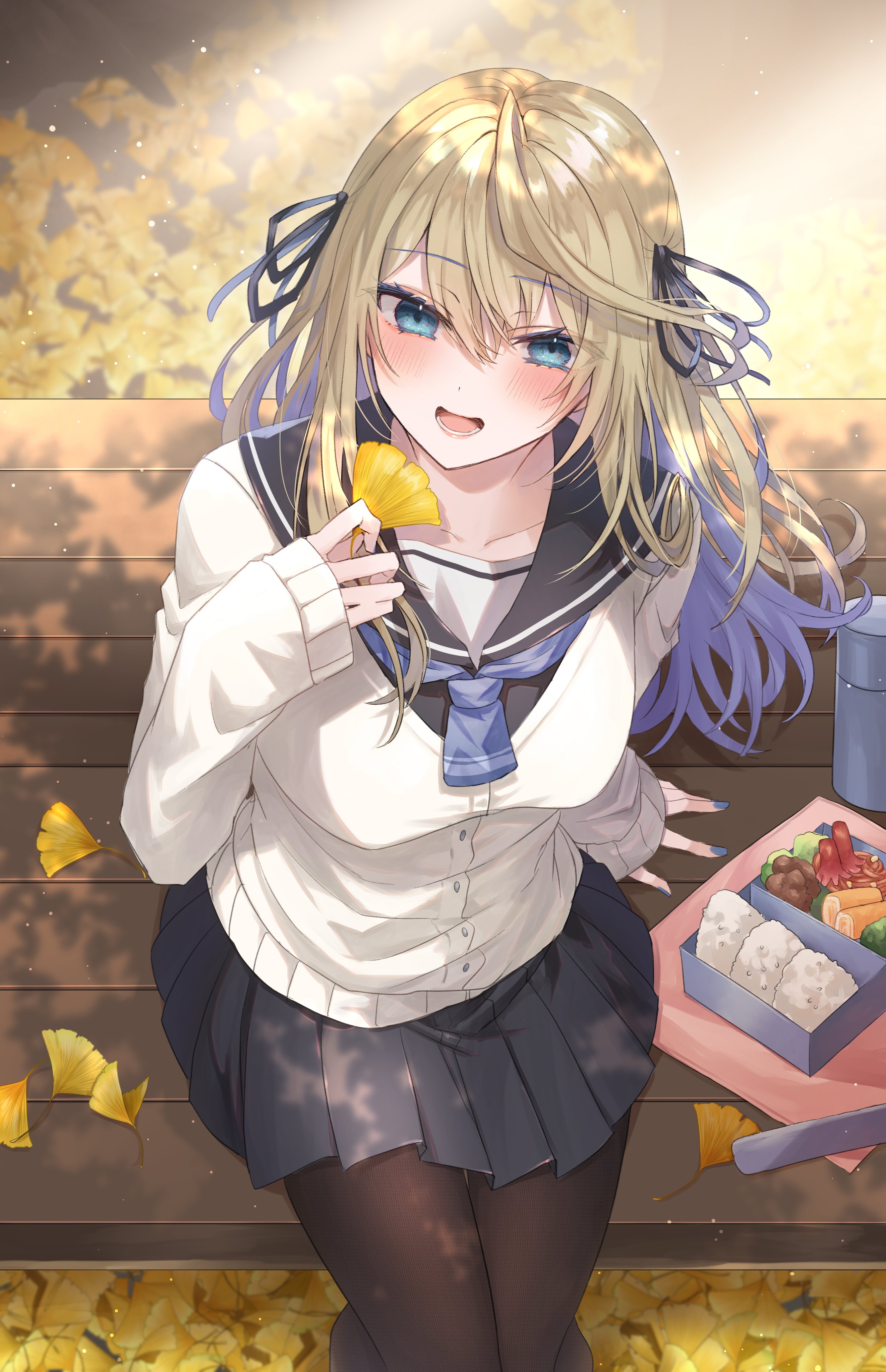 Safebooru - 1girl :d absurdres aqua eyes autumn bench bento black pantyhose black ribbon black ...