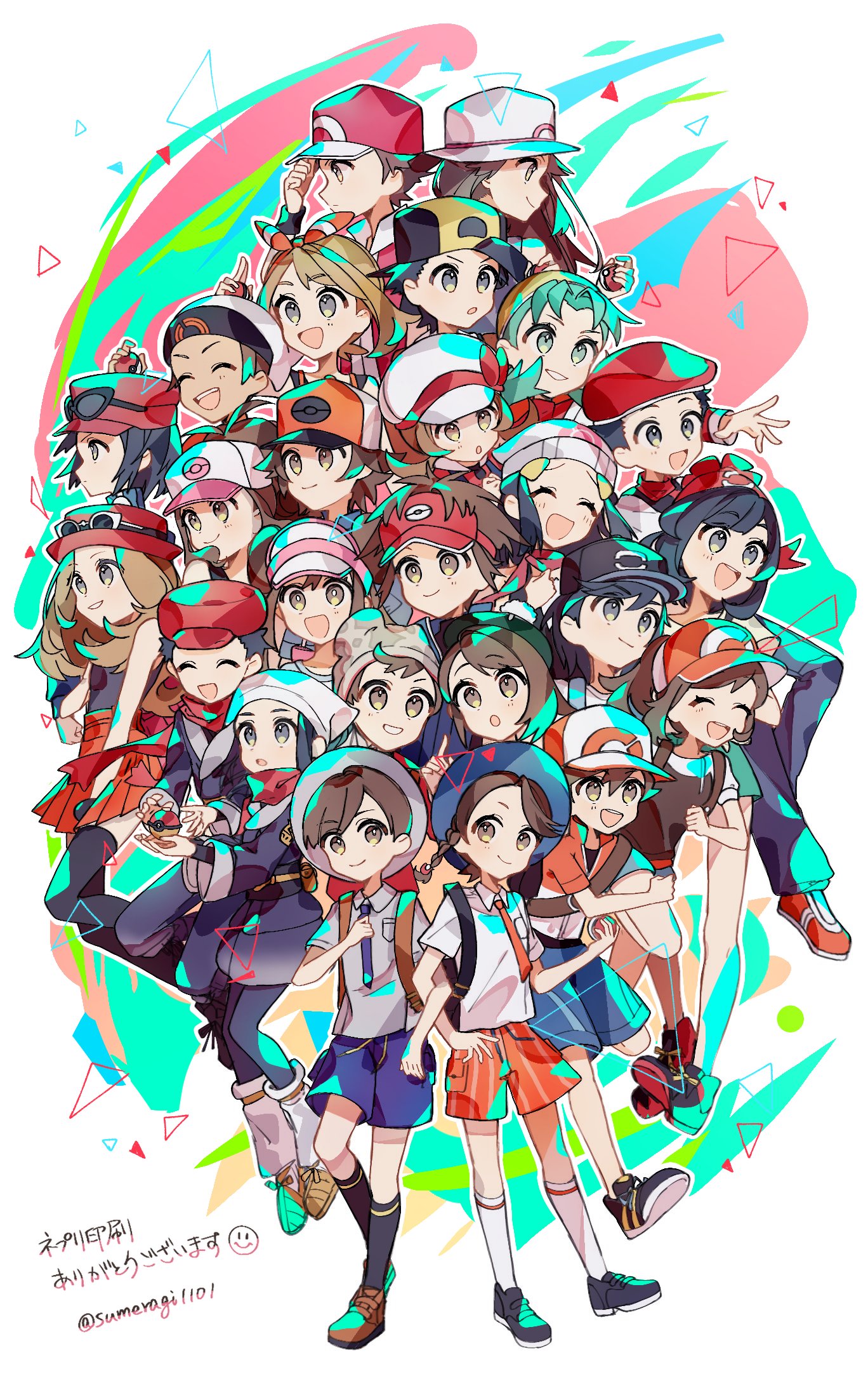 Safebooru - 6+boys 6+girls :d :o akari (pokemon) beanie black-framed ...