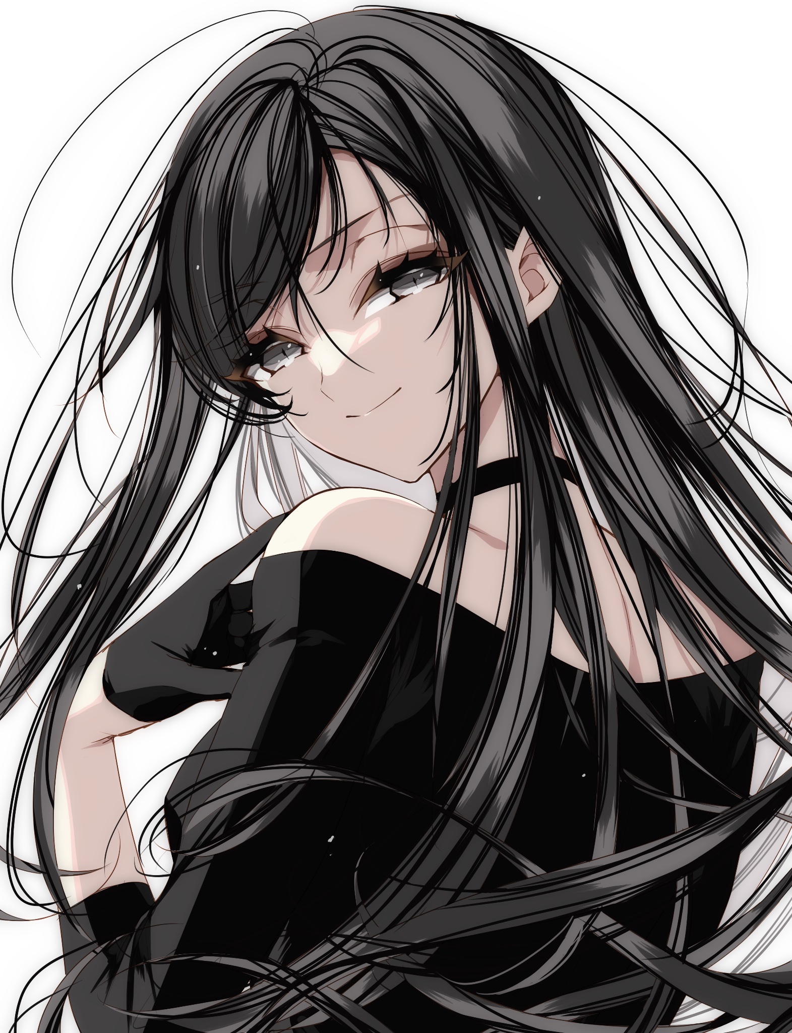 Safebooru - 1girl bare shoulders black choker black eyes black gloves black hair choker gloves ...