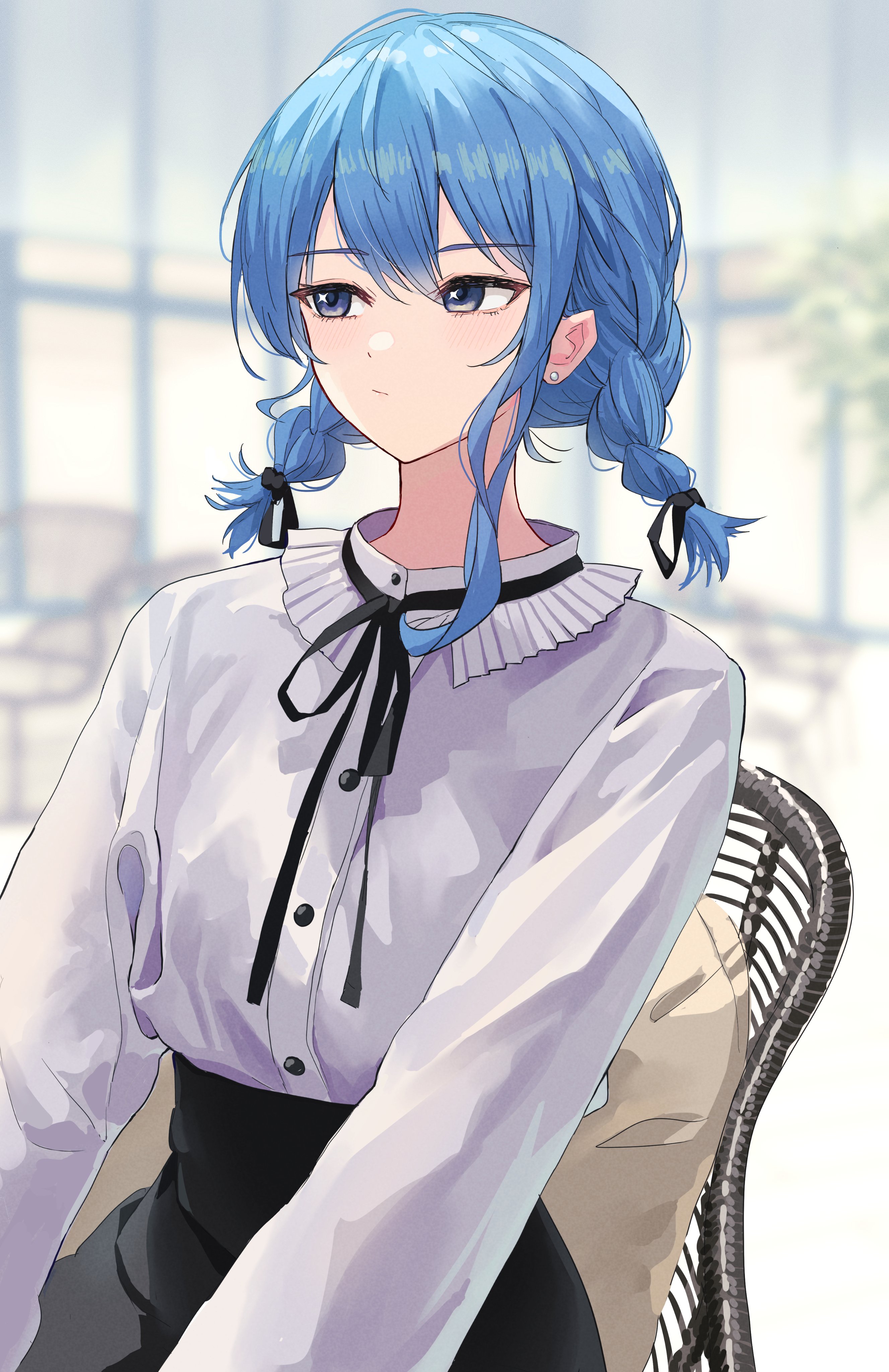 Safebooru - 1girl absurdres alternate costume alternate hairstyle black ribbon black skirt blue ...