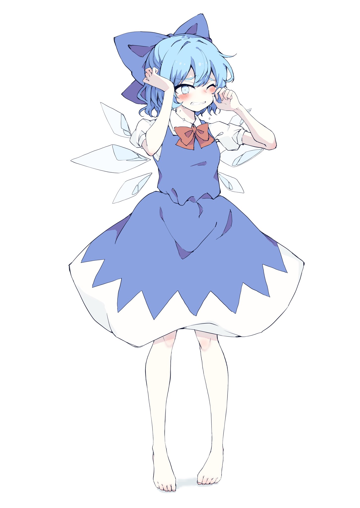 Safebooru - 1girl barefoot blue bow blue dress blue eyes blue hair blush bow cirno clenched ...
