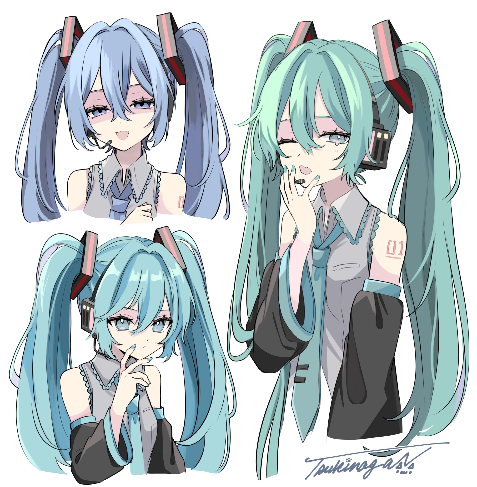 Safebooru - 1girl aqua eyes aqua hair aqua nails aqua necktie black sleeves blue eyes blue hair ...
