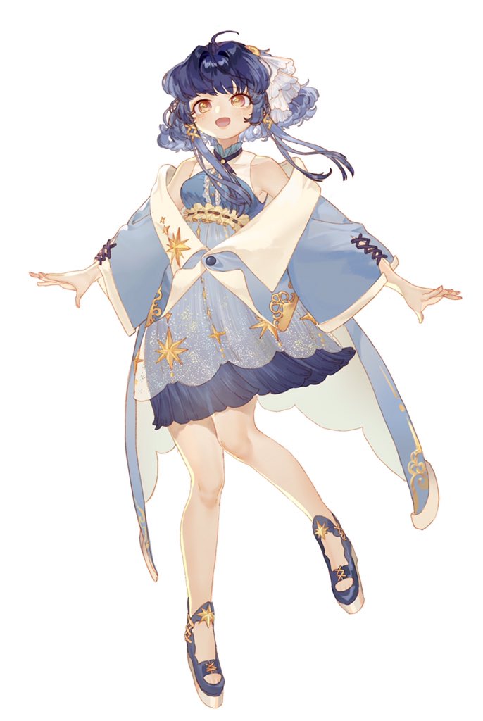 Safebooru - 1girl ahoge bare legs bare shoulders blue dress blue footwear blue hair blue jacket ...